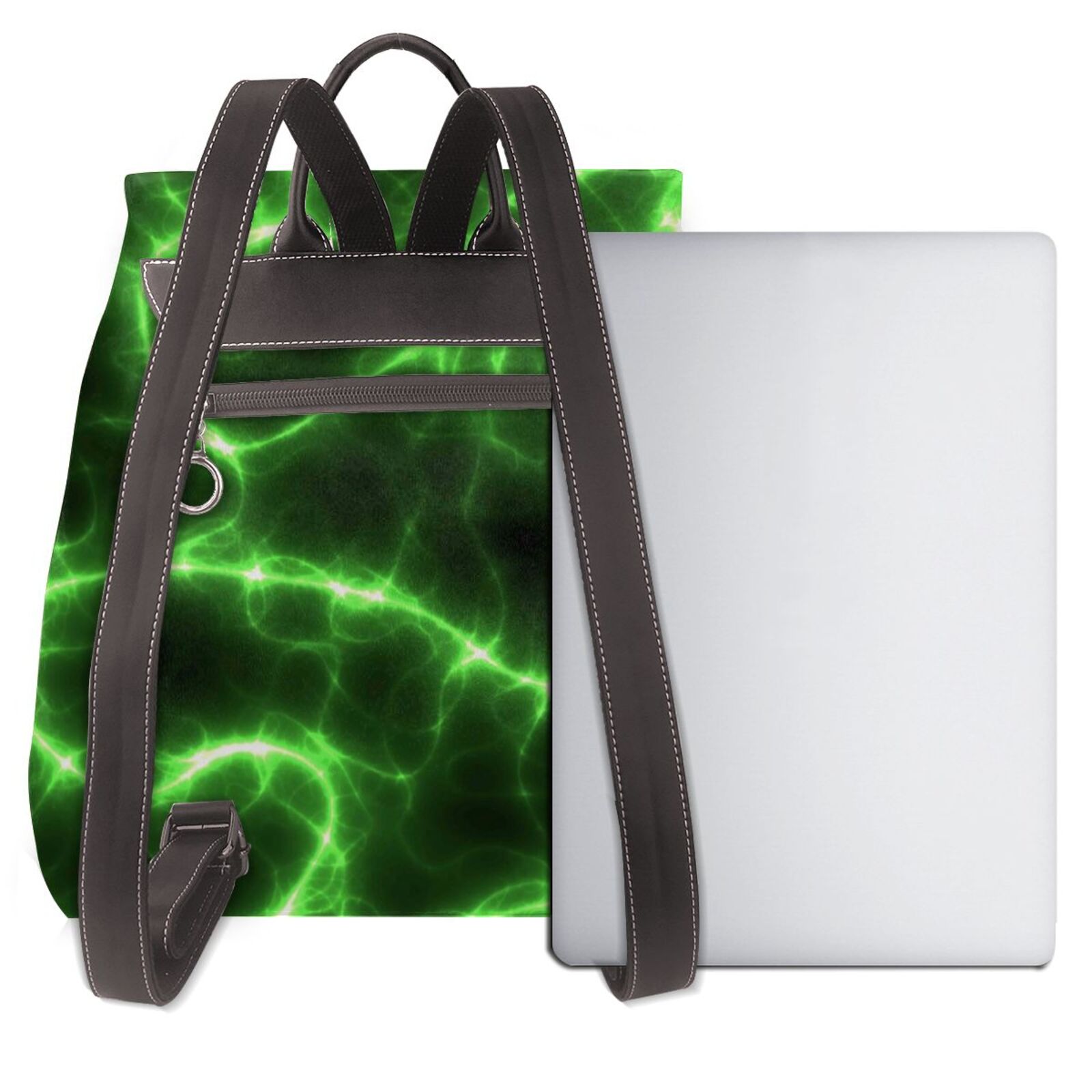 Japuie Green Lightning Print Women's Leather Backpack, Leather ...