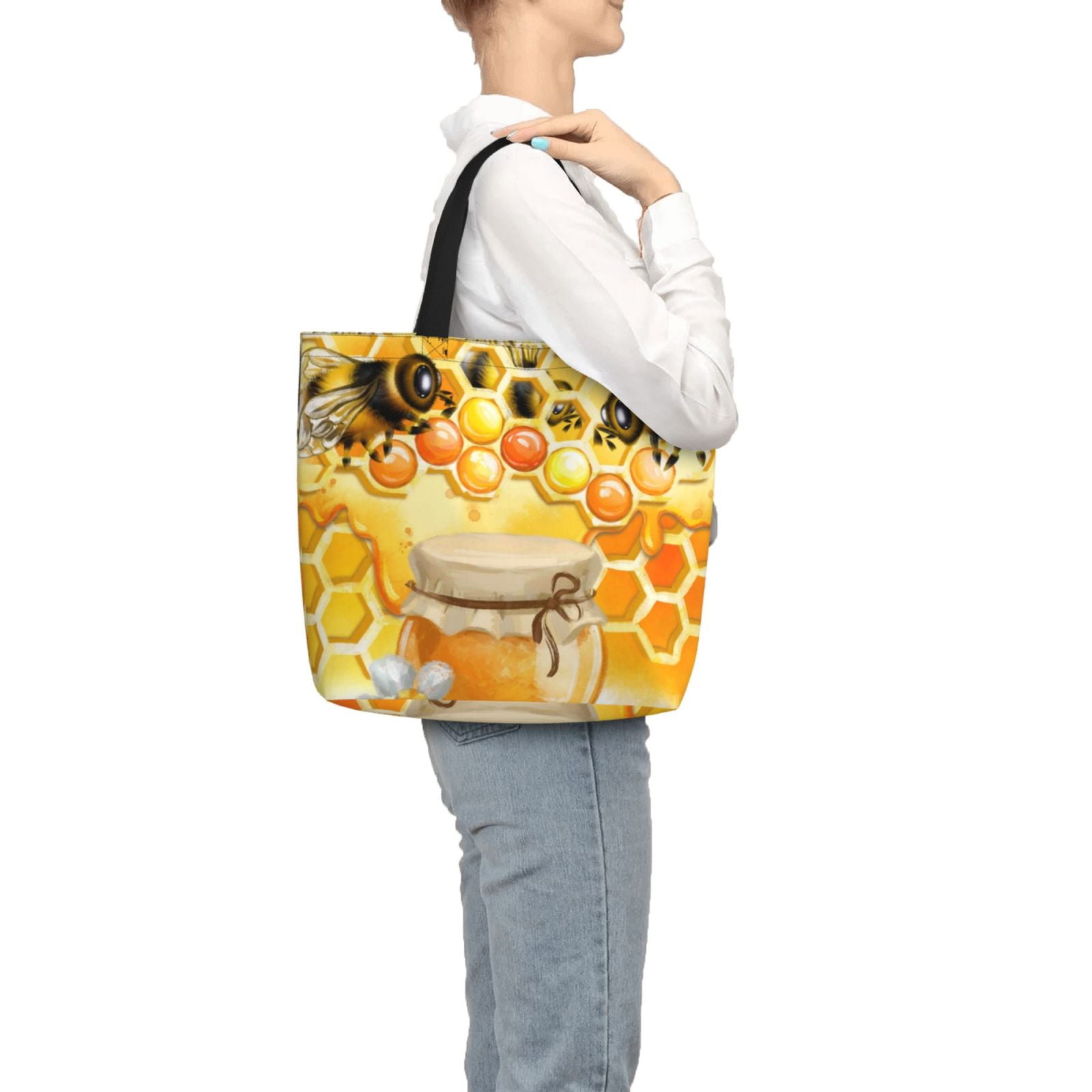 Japuie Honey Bee Print Tote Bags, Shoulder Bag with Zipper Closure, Top ...