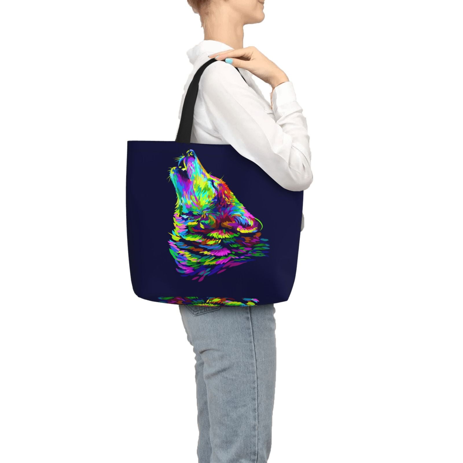 Japuie Howling Wolf Print Tote Bags, Shoulder Bag with Zipper Closure ...