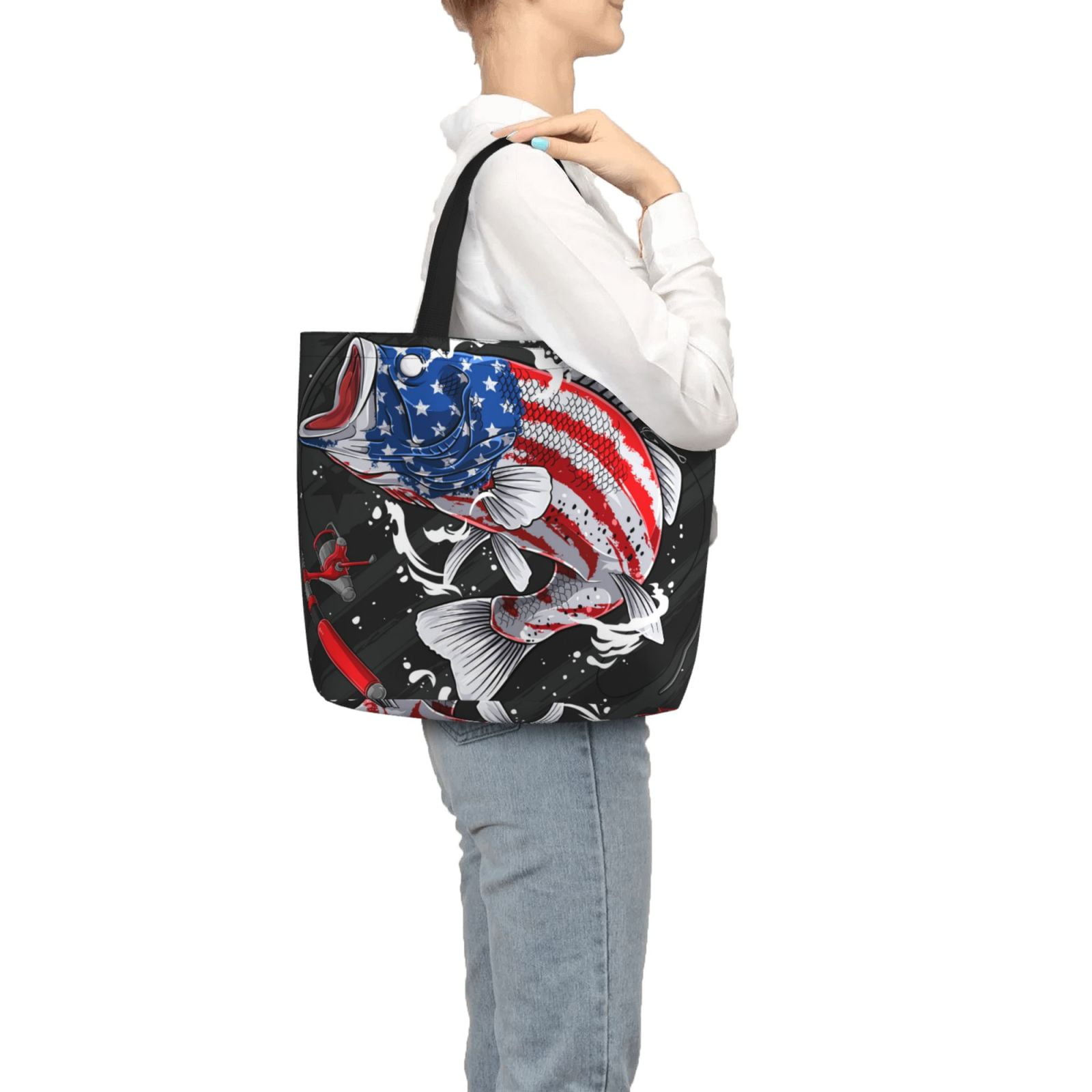 Japuie Largemouth Bass Fish in USA Print Tote Bags, Shoulder Bag with ...