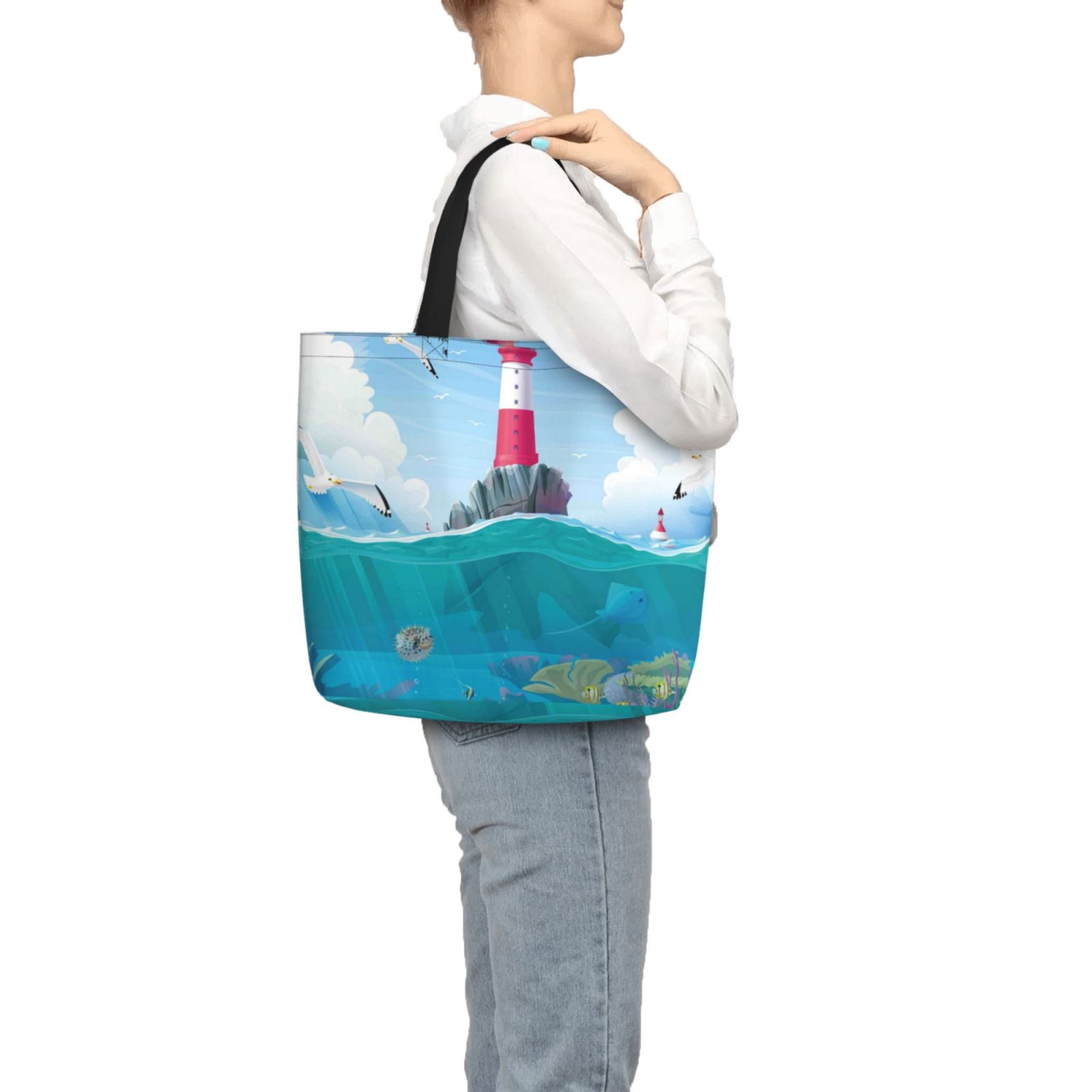 Japuie Lighthouse Sea Port Print Tote Bags, Shoulder Bag with Zipper ...