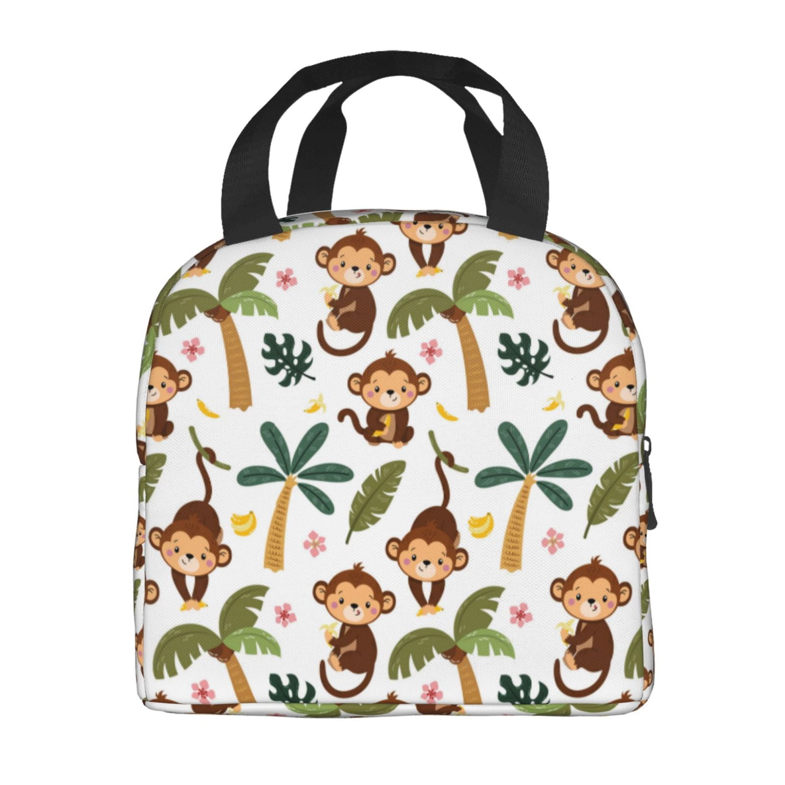 Japuie Monkeys Swinging from Palms Print Insulated Lunch Bag Tote with ...