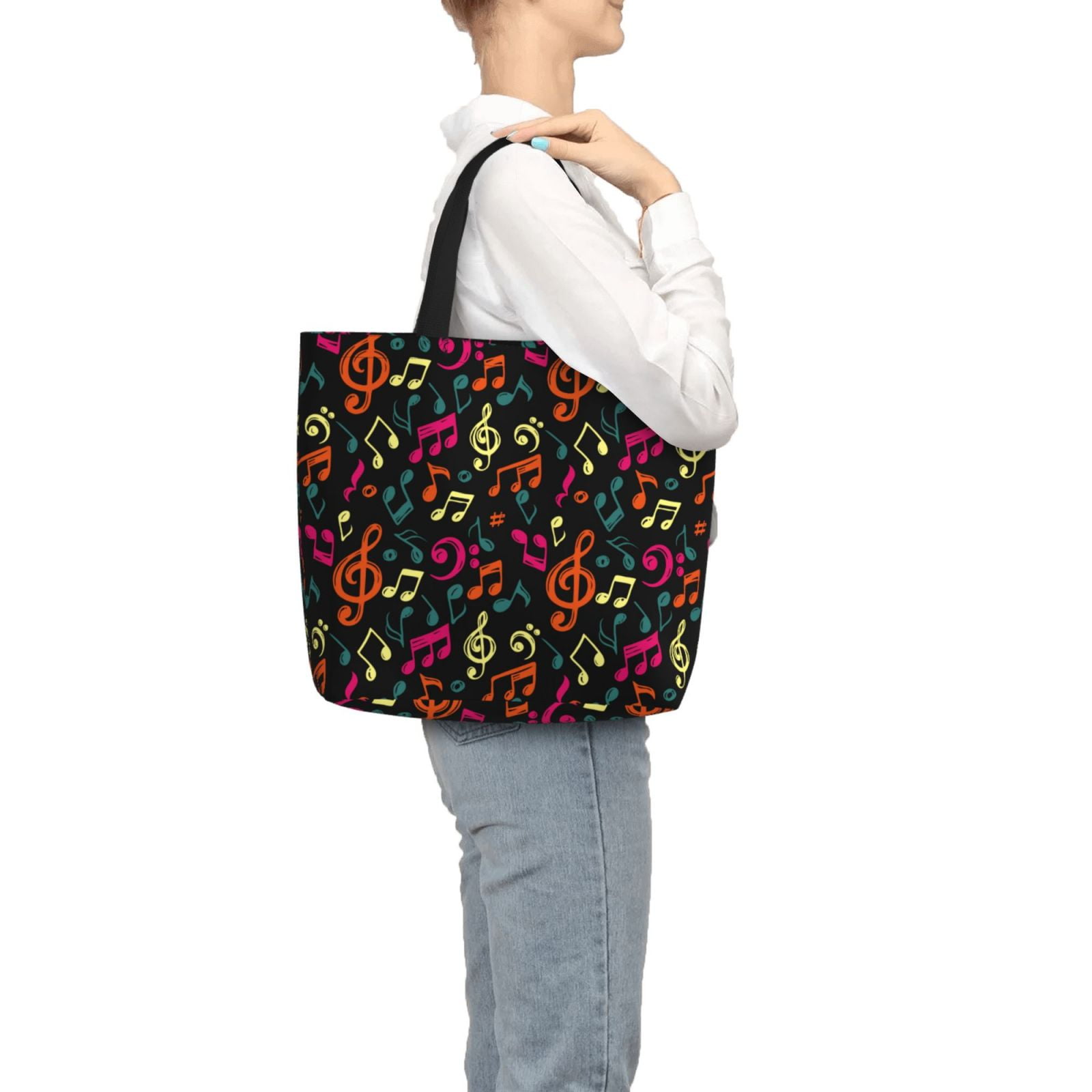 Japuie Music Notes Print Tote Bags, Shoulder Bag with Zipper Closure ...
