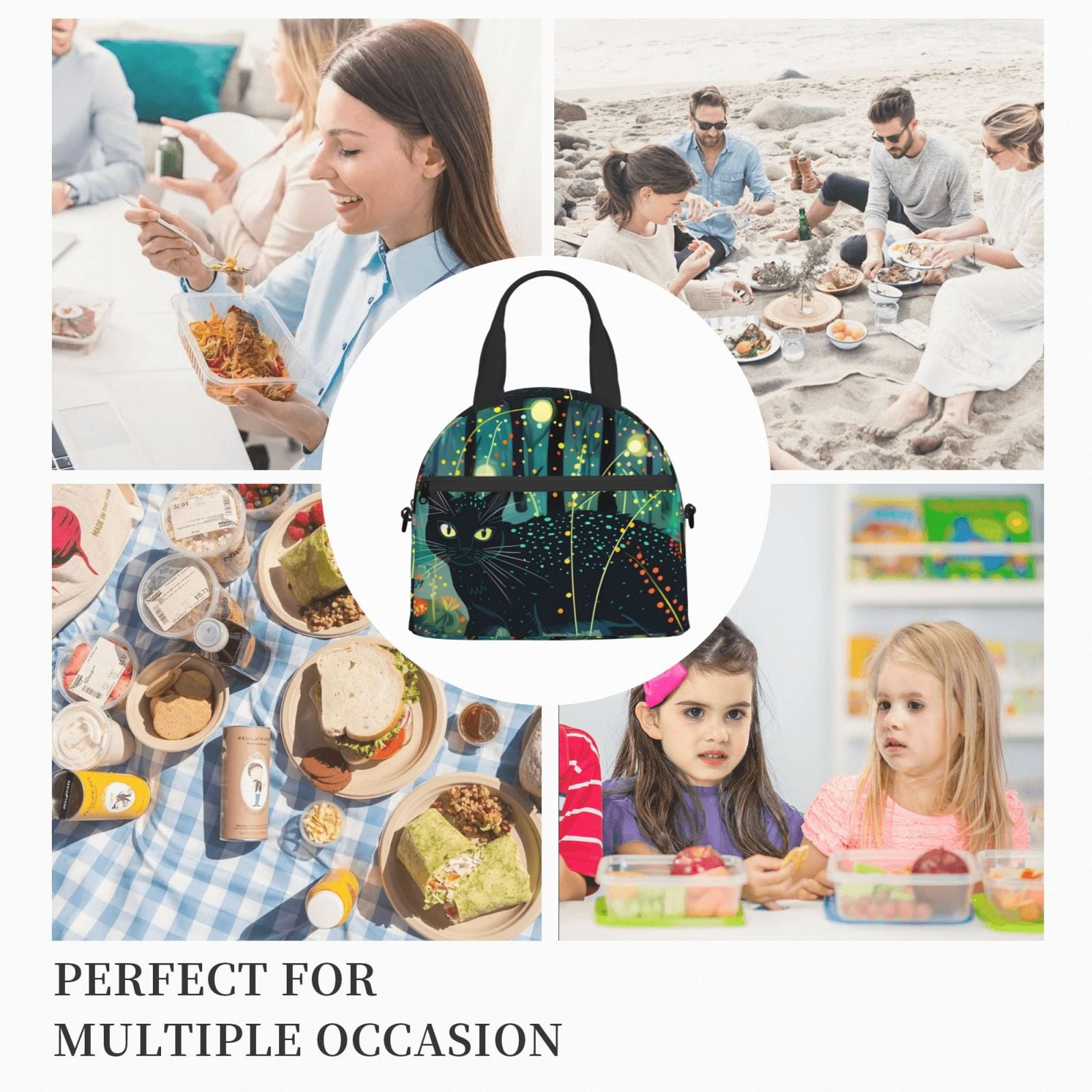 Japuie Mystical Black Cat Fireflies Print Insulated Lunch Bag for Women ...