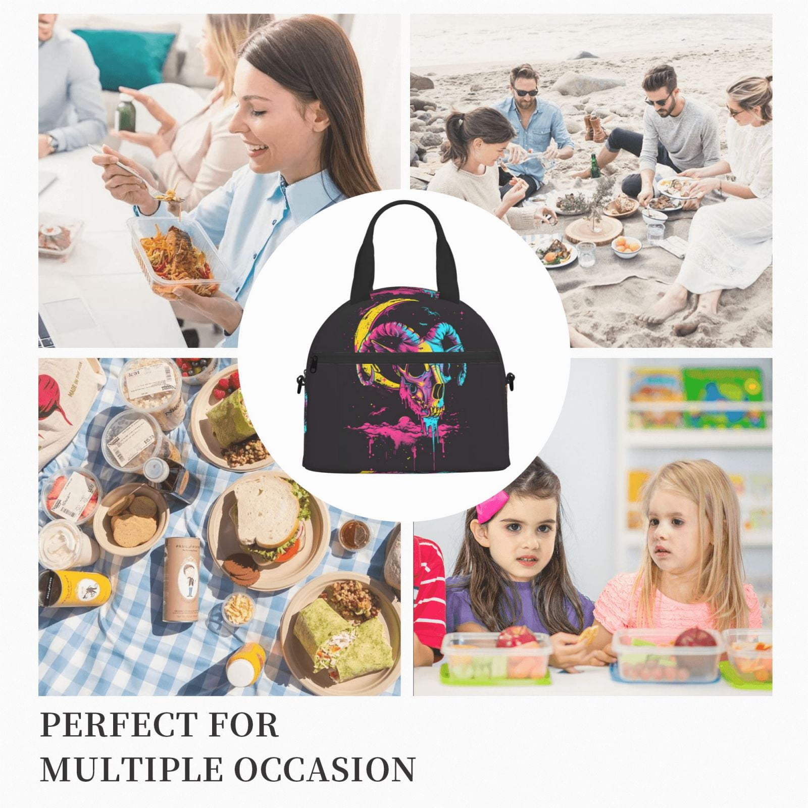 Japuie Neon Gothic Skull Moon Print Insulated Lunch Bag for Women Men ...