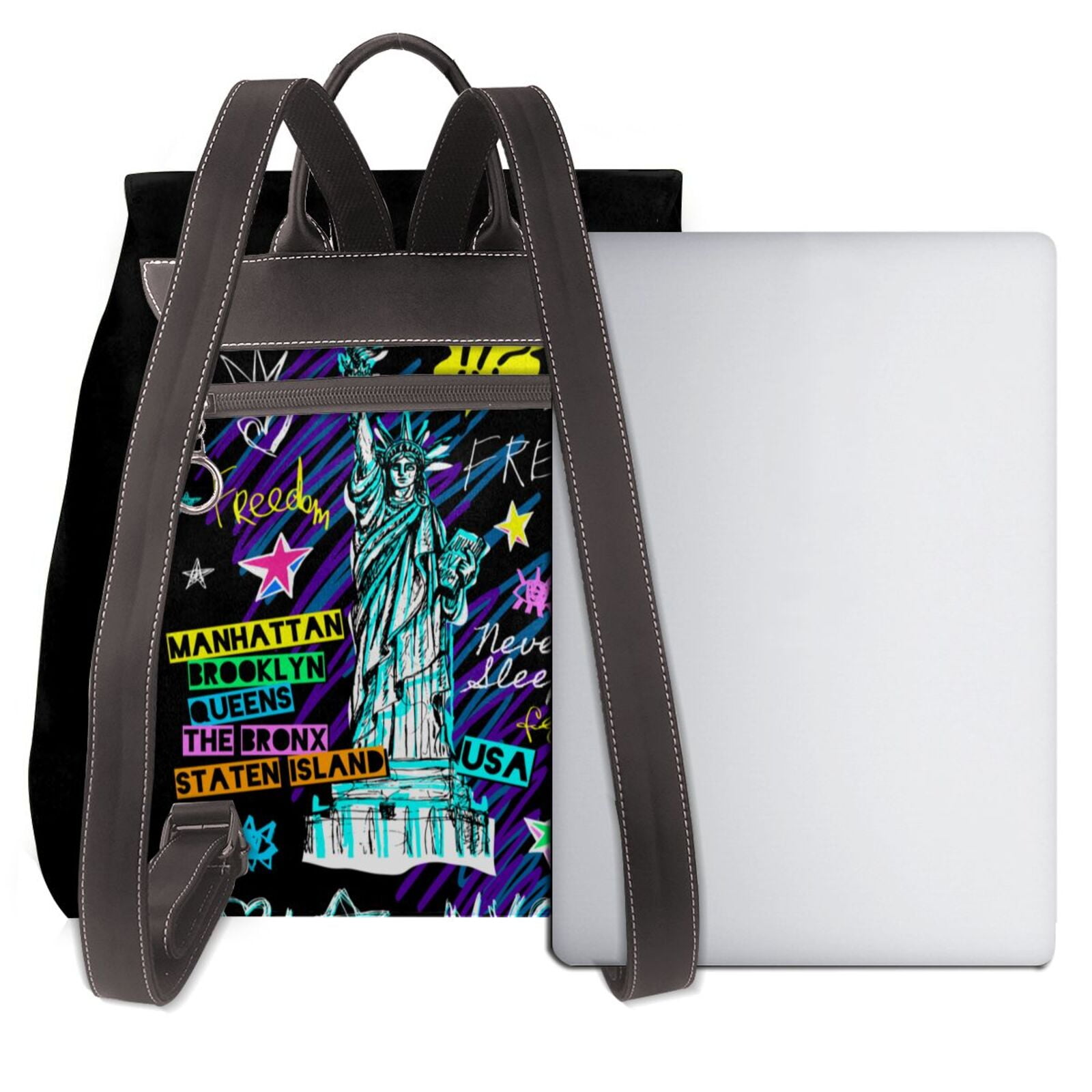 Japuie New York City Print Women's Leather Backpack, Leather Drawstring ...