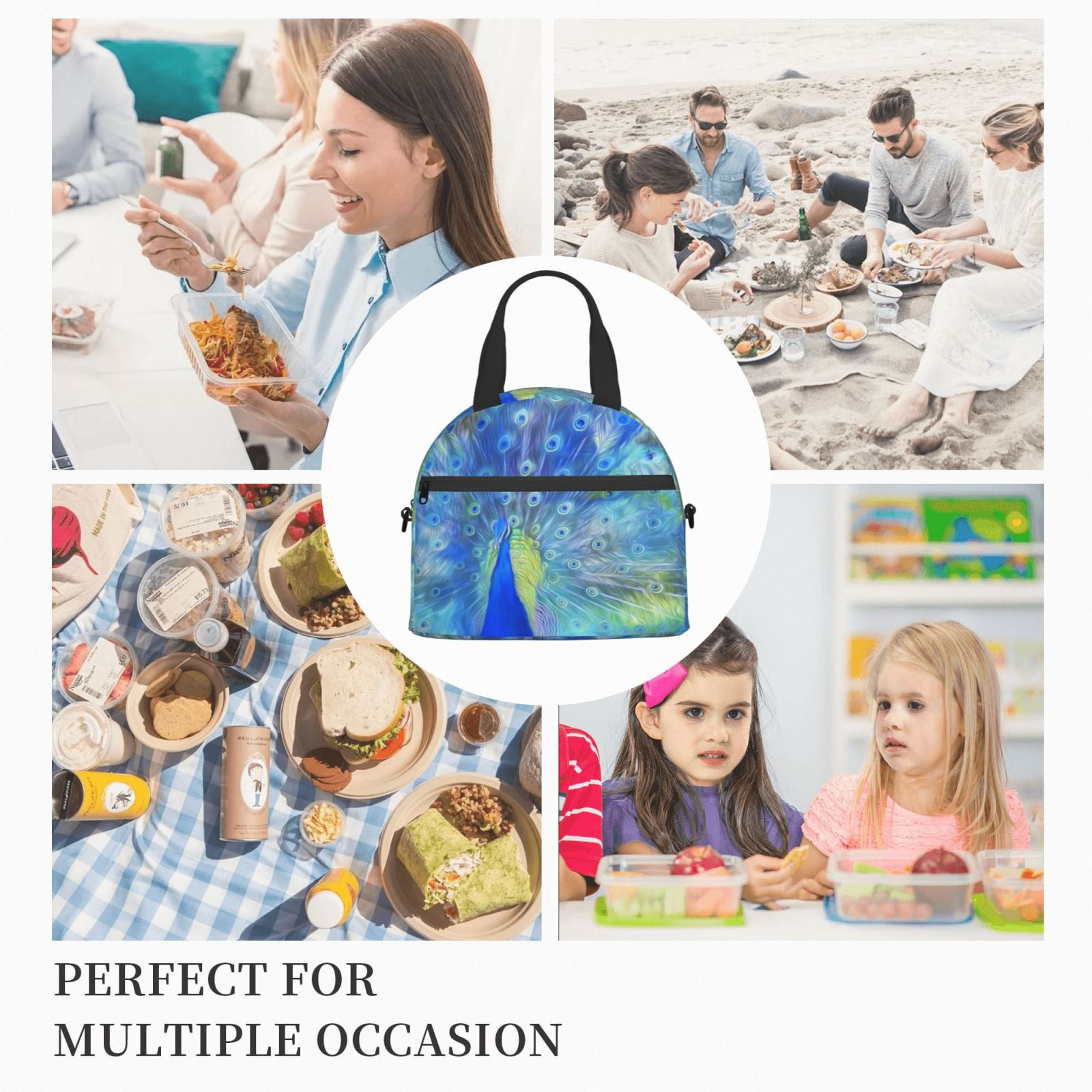 Japuie Peacock Print Insulated Lunch Bag for Women Men,Reusable Lunch ...