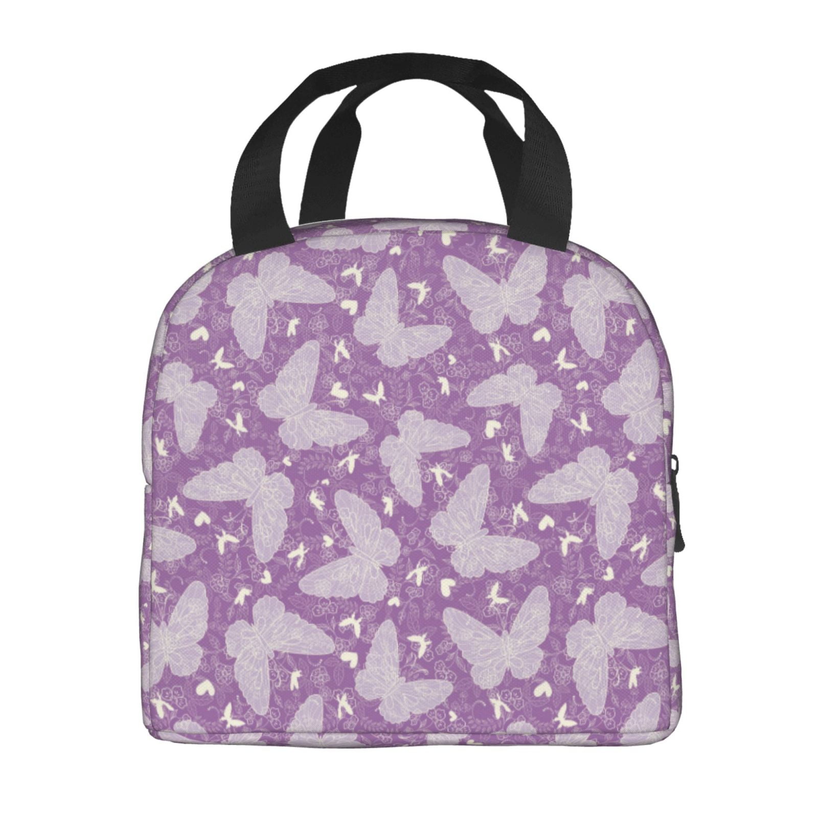 Japuie Purple Butterflies Floral Print Insulated Lunch Bag Tote with ...