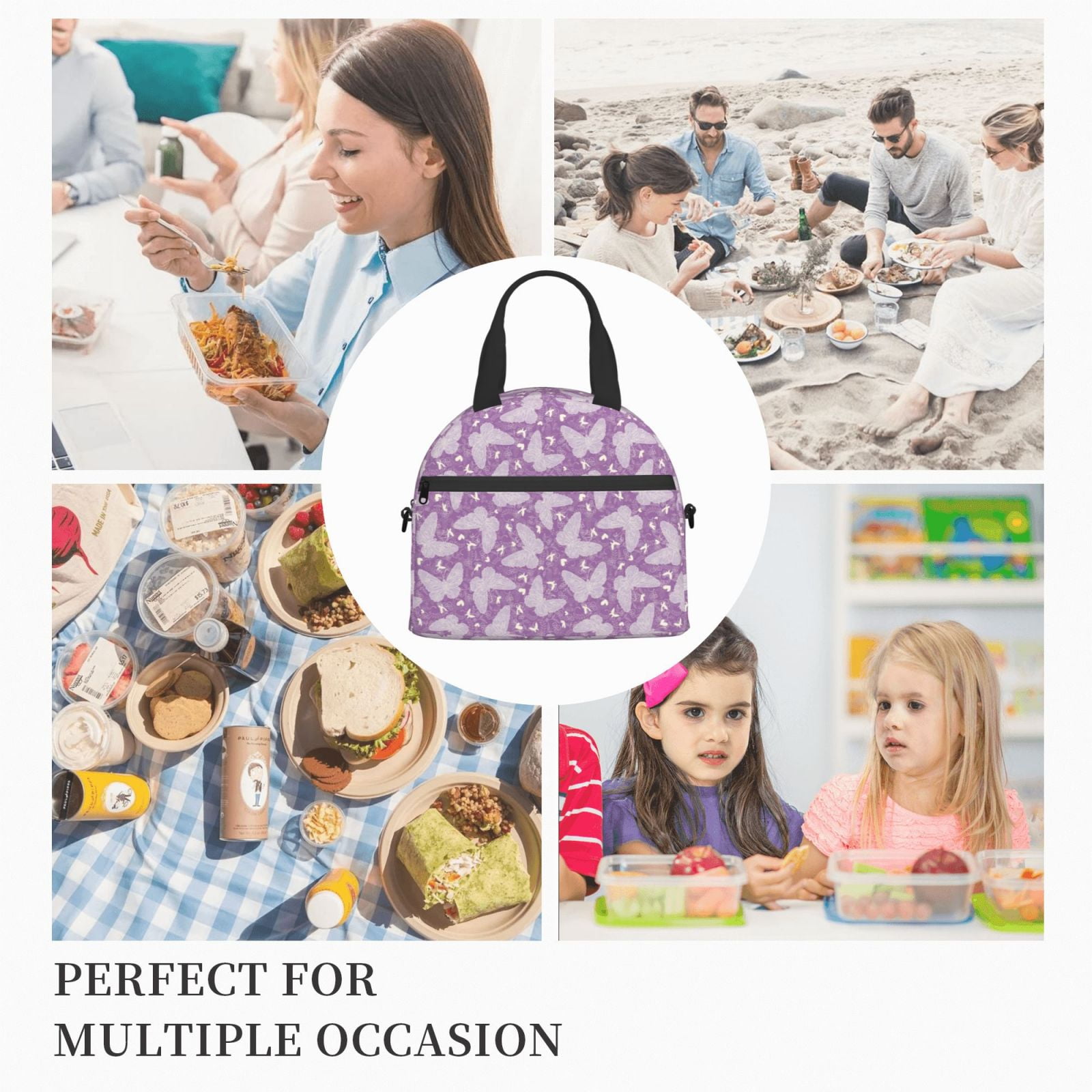 Japuie Purple Butterflies Floral Print Insulated Lunch Bag for Women ...