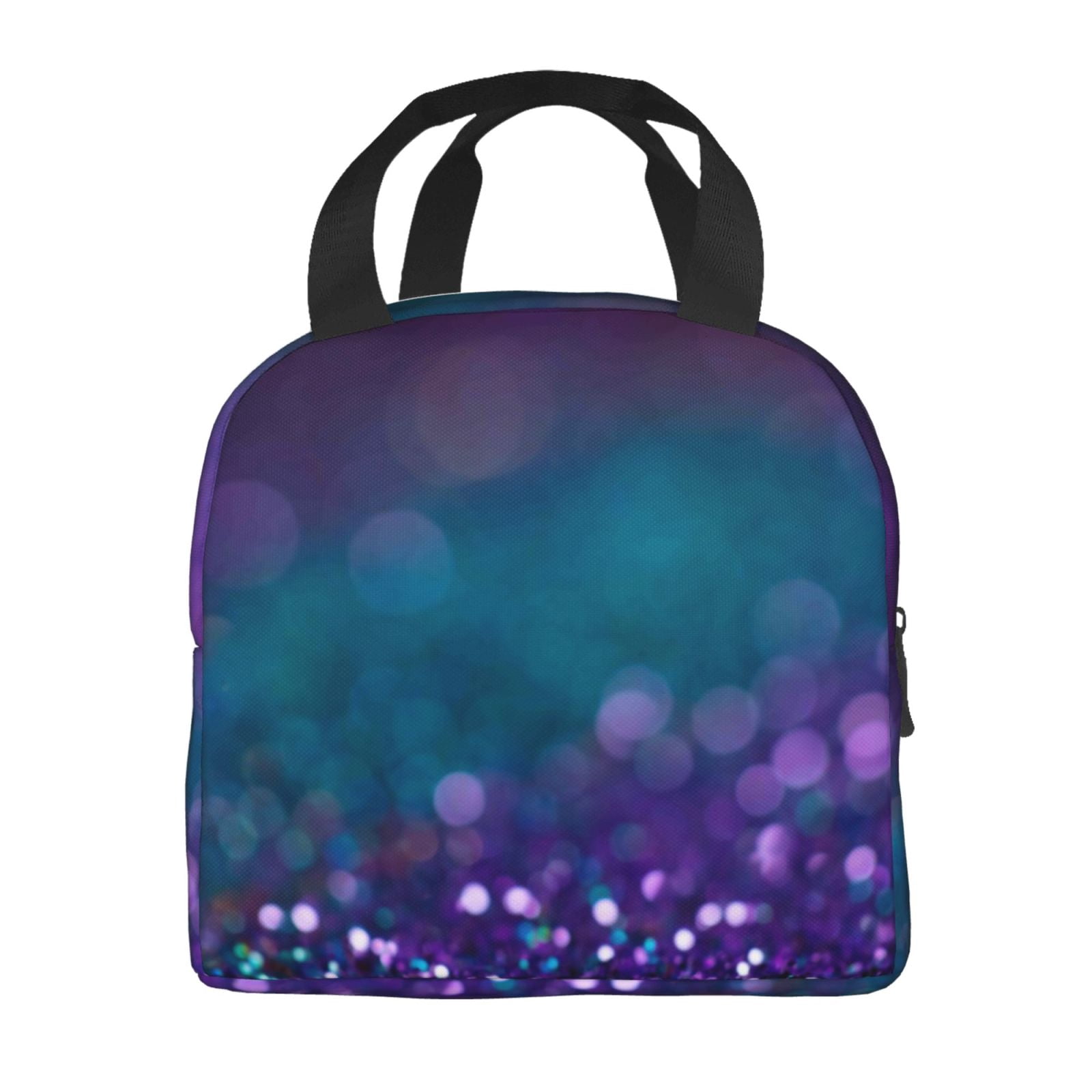 Japuie Purple and Green Glitter Print Insulated Lunch Bag Tote with ...