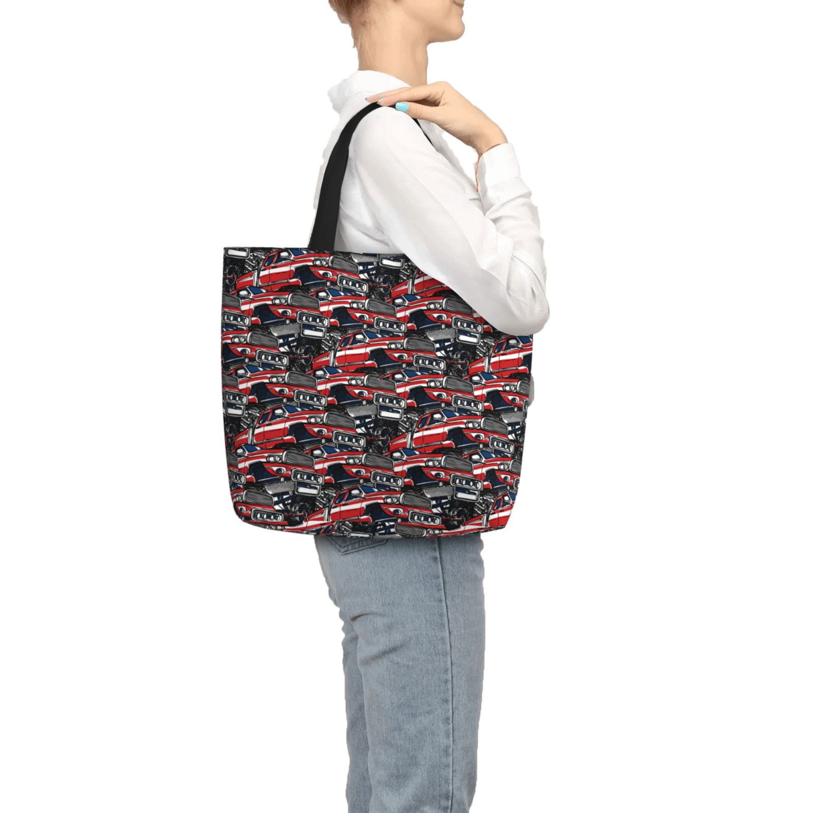 Japuie Red And Blue Cars Print Tote Bags, Shoulder Bag with Zipper ...
