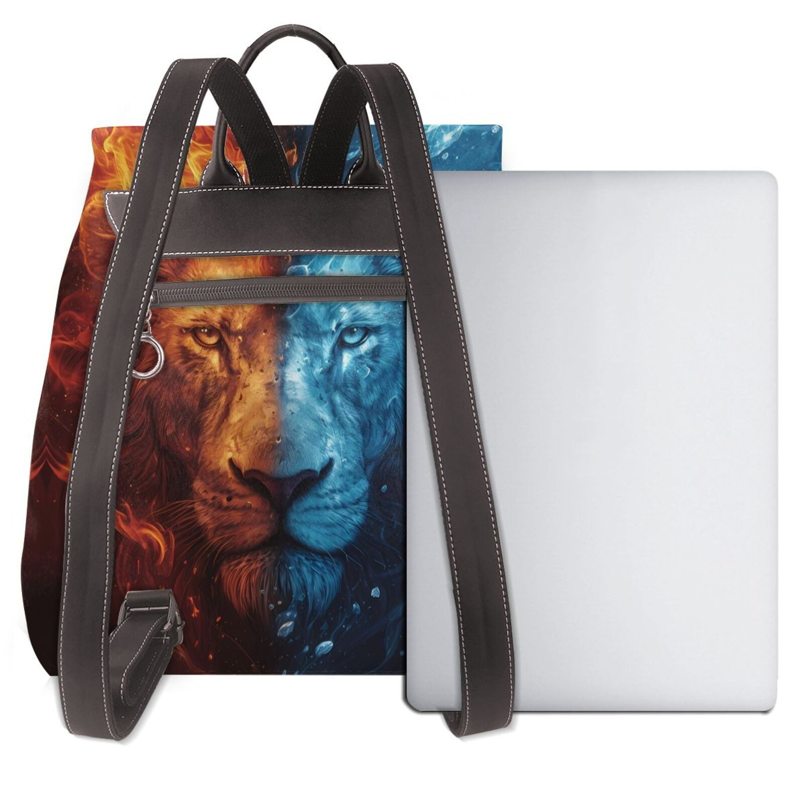 Japuie Red And Blue Fire Lion Print Women's Leather Backpack, Leather ...