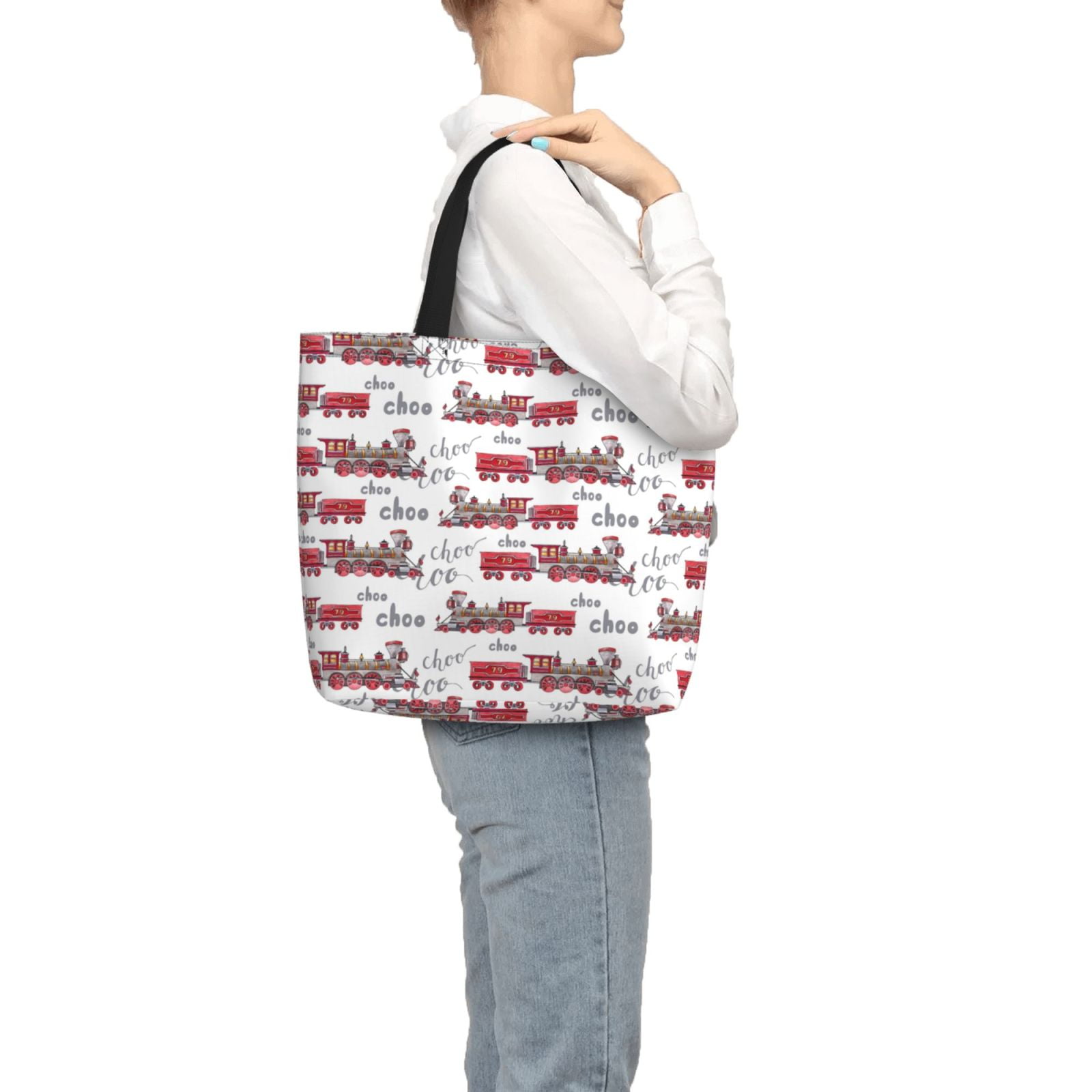 Japuie Retro Train Print Tote Bags, Shoulder Bag with Zipper Closure ...