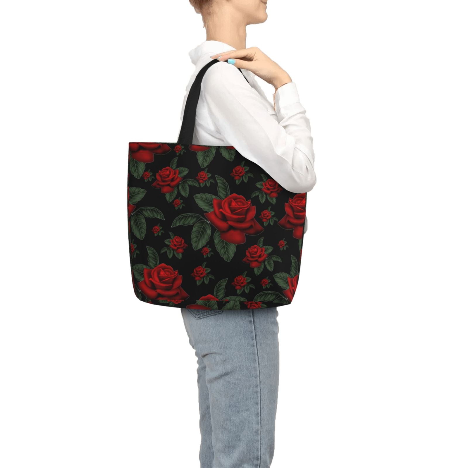 Japuie Roses Print Tote Bags, Shoulder Bag with Zipper Closure, Top ...