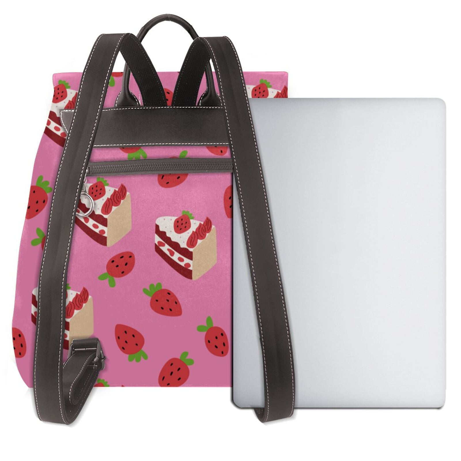 Japuie Strawberry Cake Print Women's Leather Backpack, Leather ...