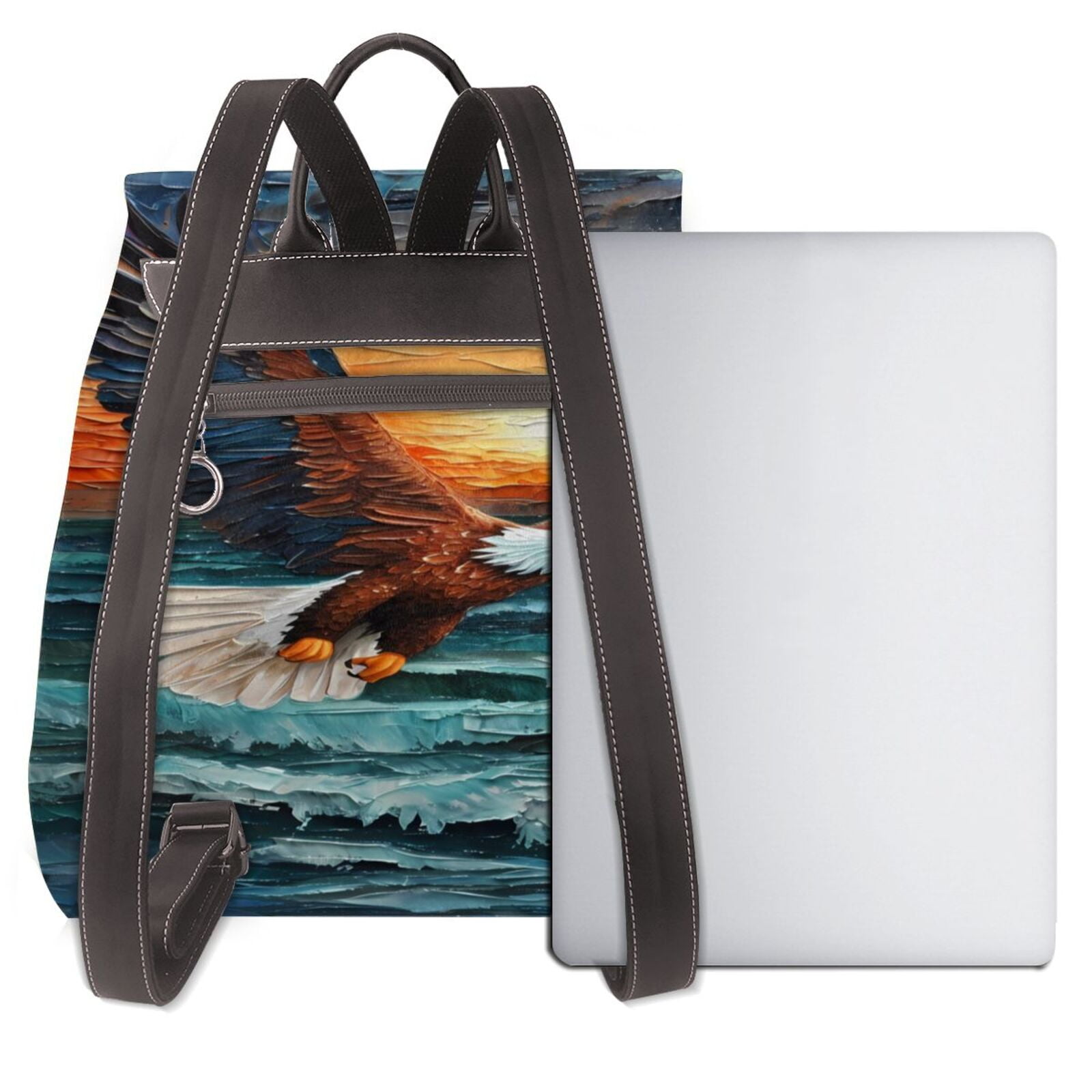 Japuie Textured Bald Eagle Print Women's Leather Backpack, Leather ...