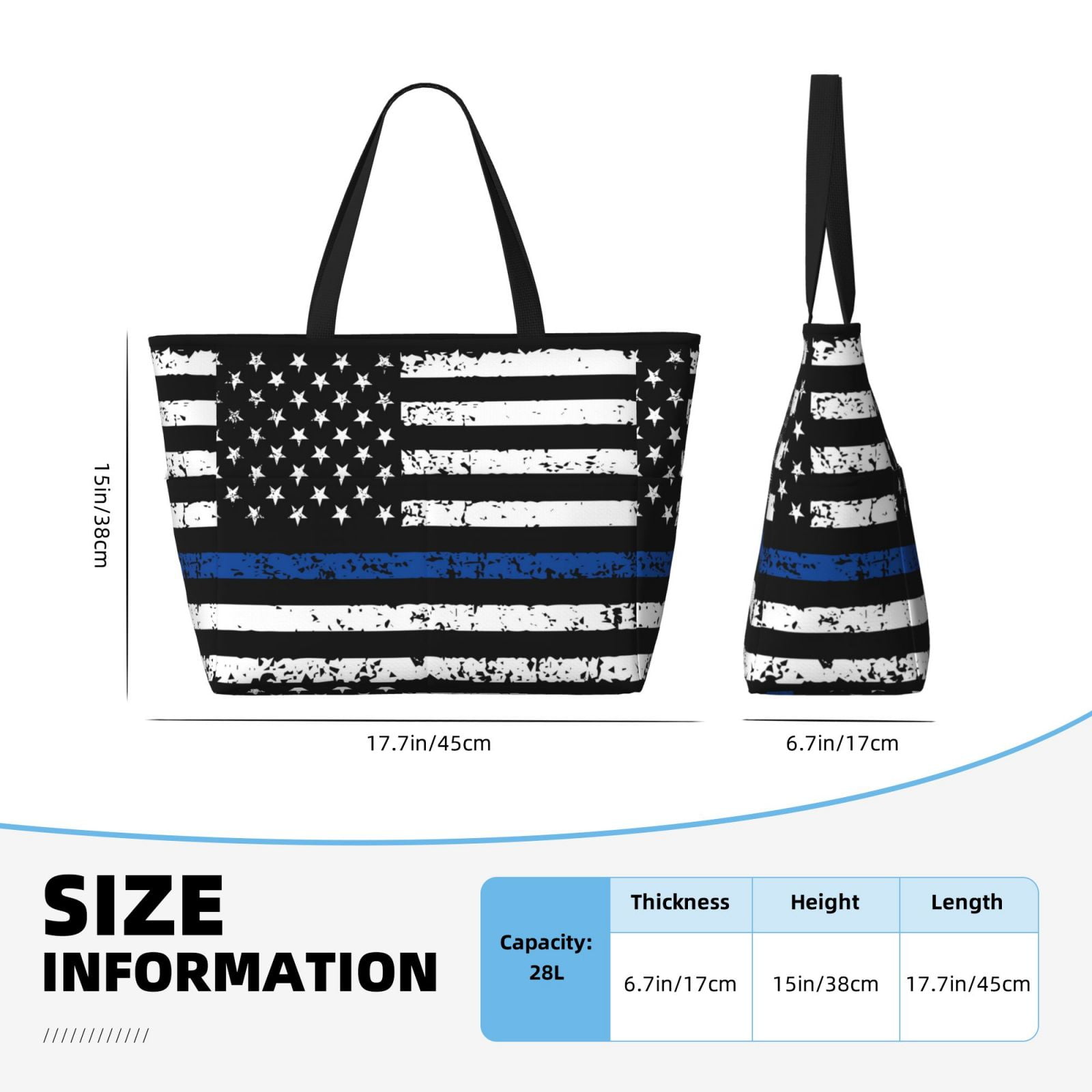 Japuie Thin Blue Line Flag Print Large Capacity Beach Travel Bag ...