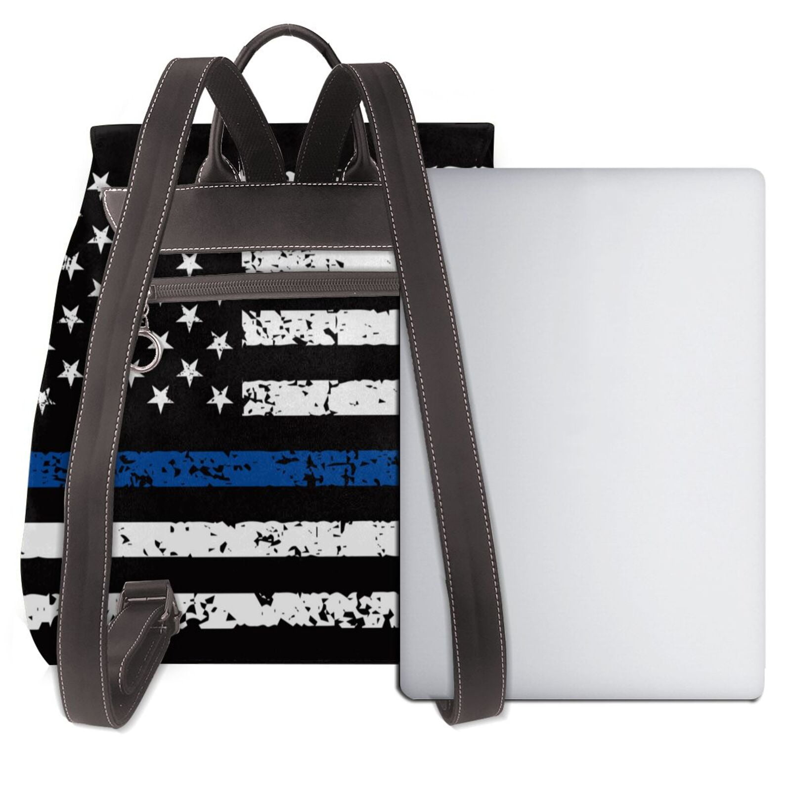 Japuie Thin Blue Line Flag Print Women's Leather Backpack, Leather ...