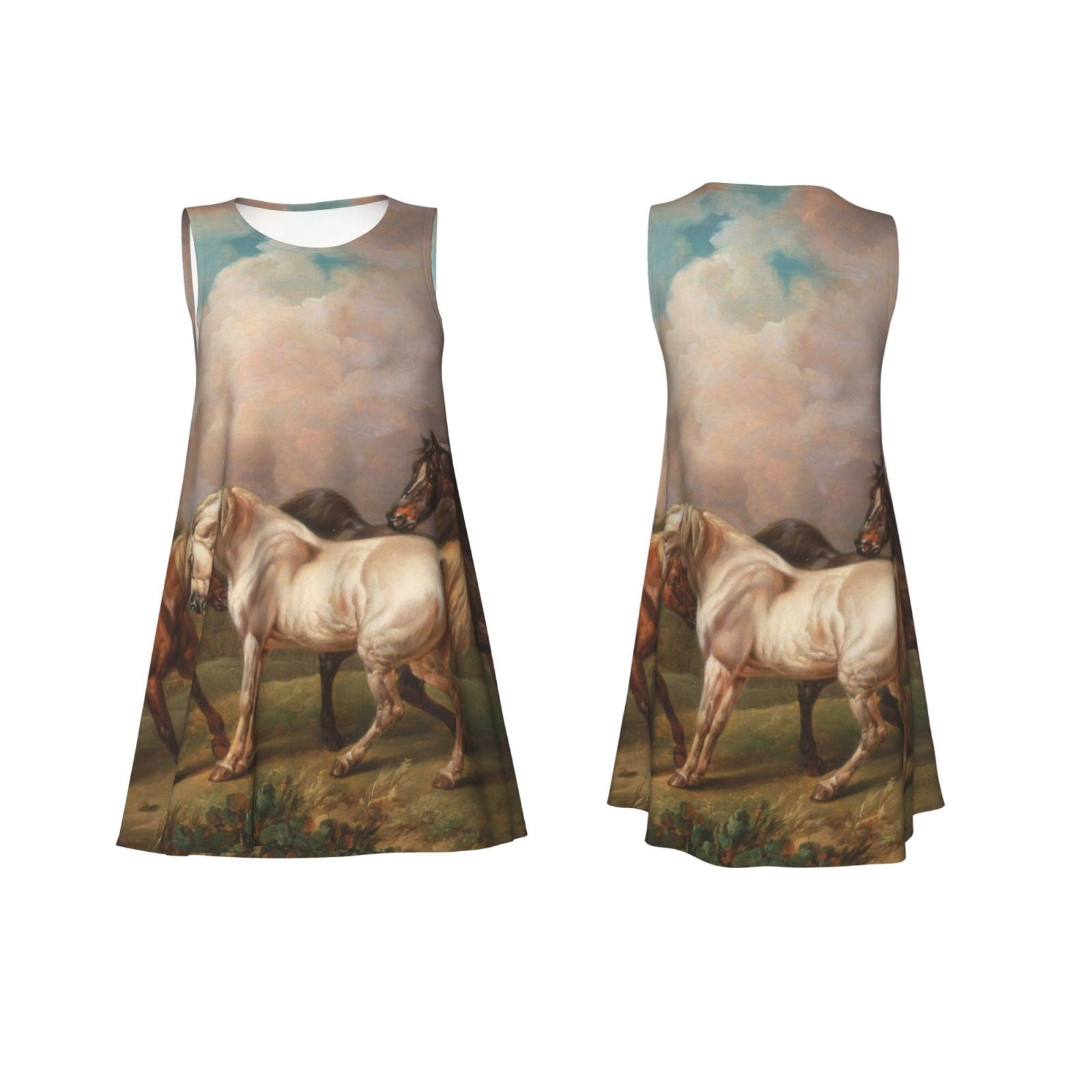 Japuie Three Horses Oil Painting Print Summer Dresses for Women,Women's ...