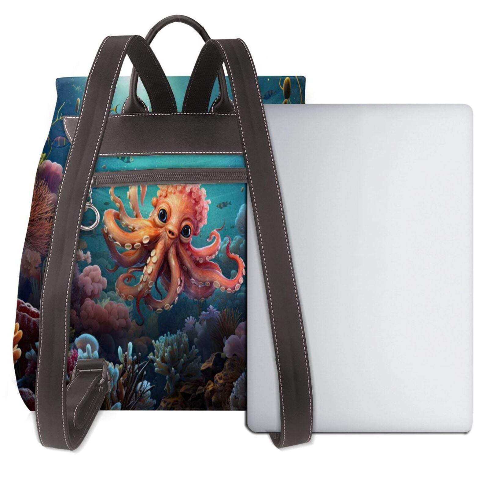 Japuie Underwater Plant Octopus Print Women's Leather Backpack, Leather ...