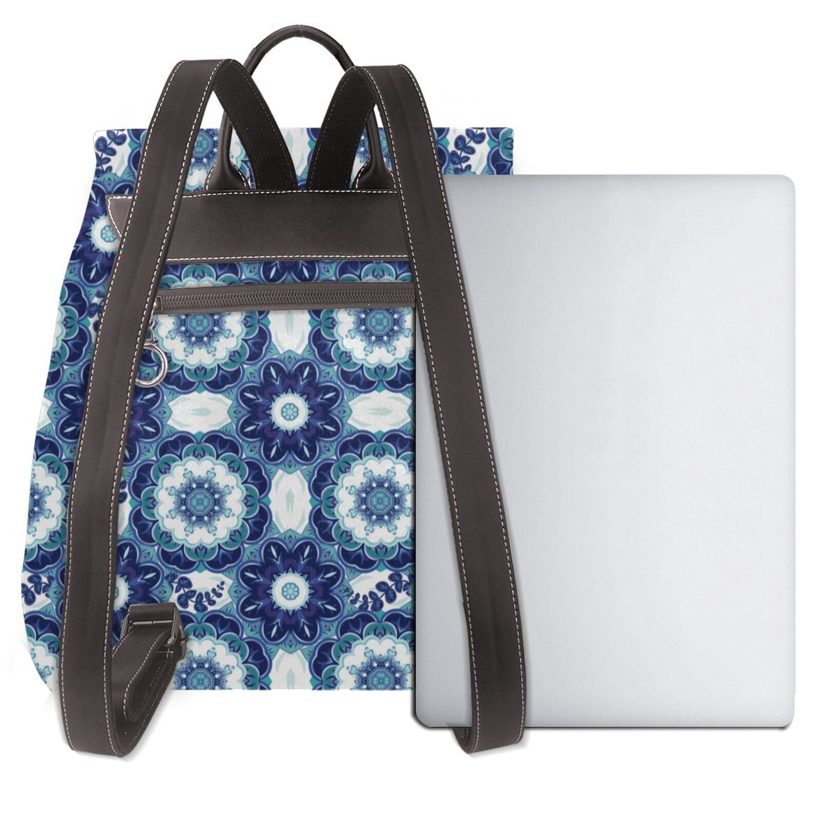 Japuie Vintage Blue Print Women's Leather Backpack, Leather Drawstring ...