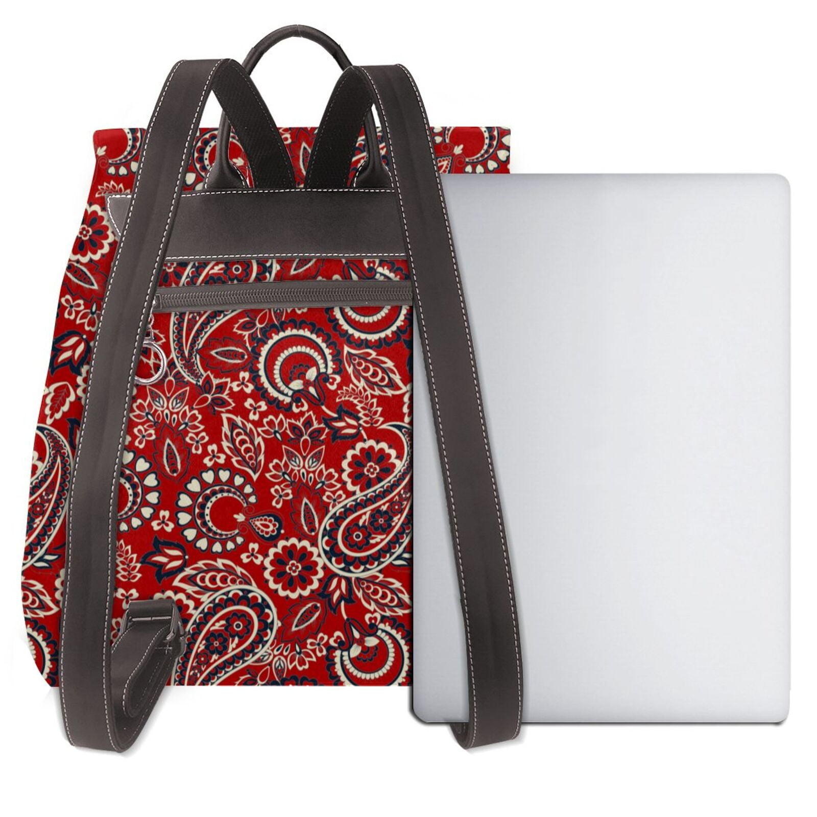 Japuie Vintage Red Paisley Print Women's Leather Backpack, Leather Drawstring Casual Travel ...
