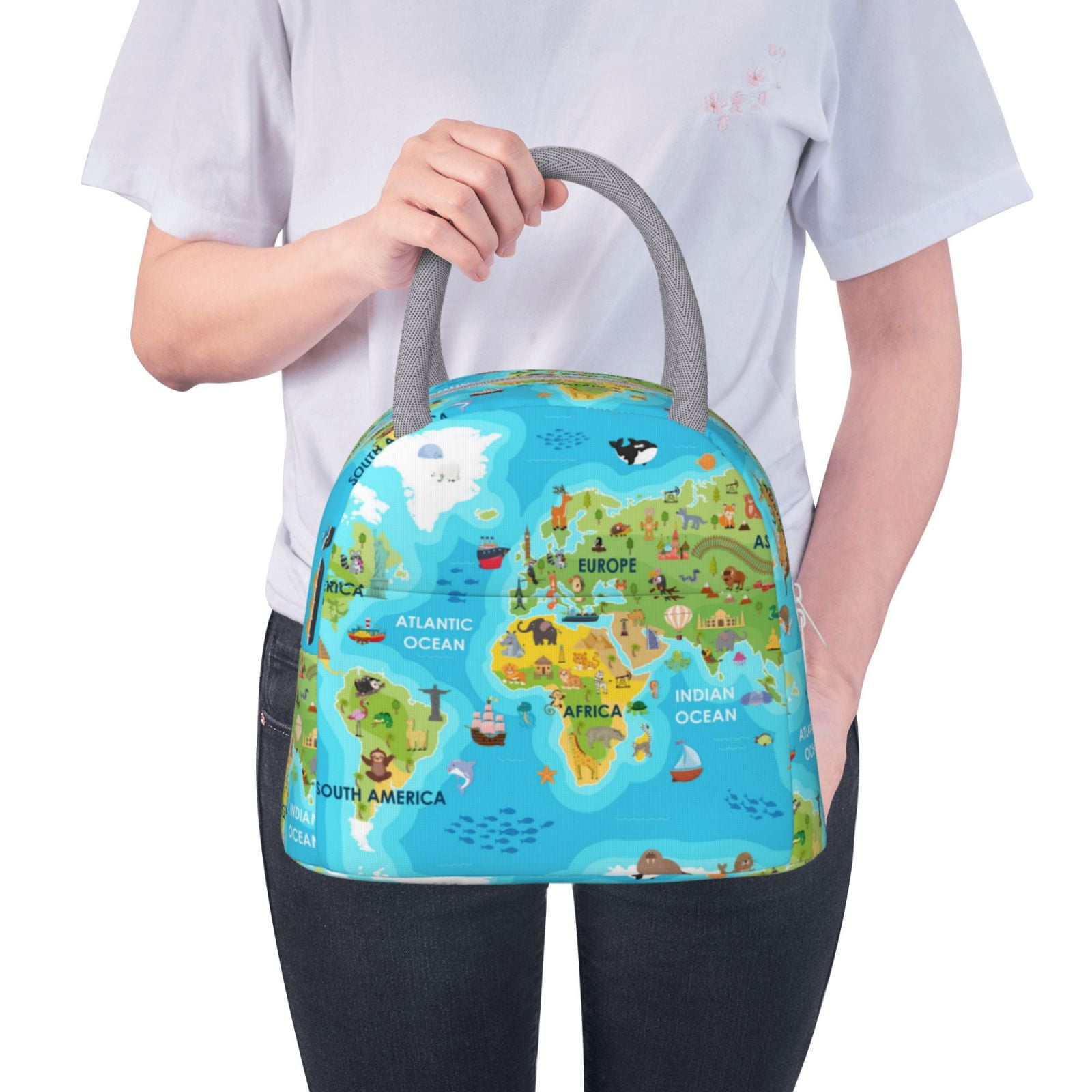 Japuie World Map With Animals Landmarks Print Insulated Lunch Bag,Lunch ...