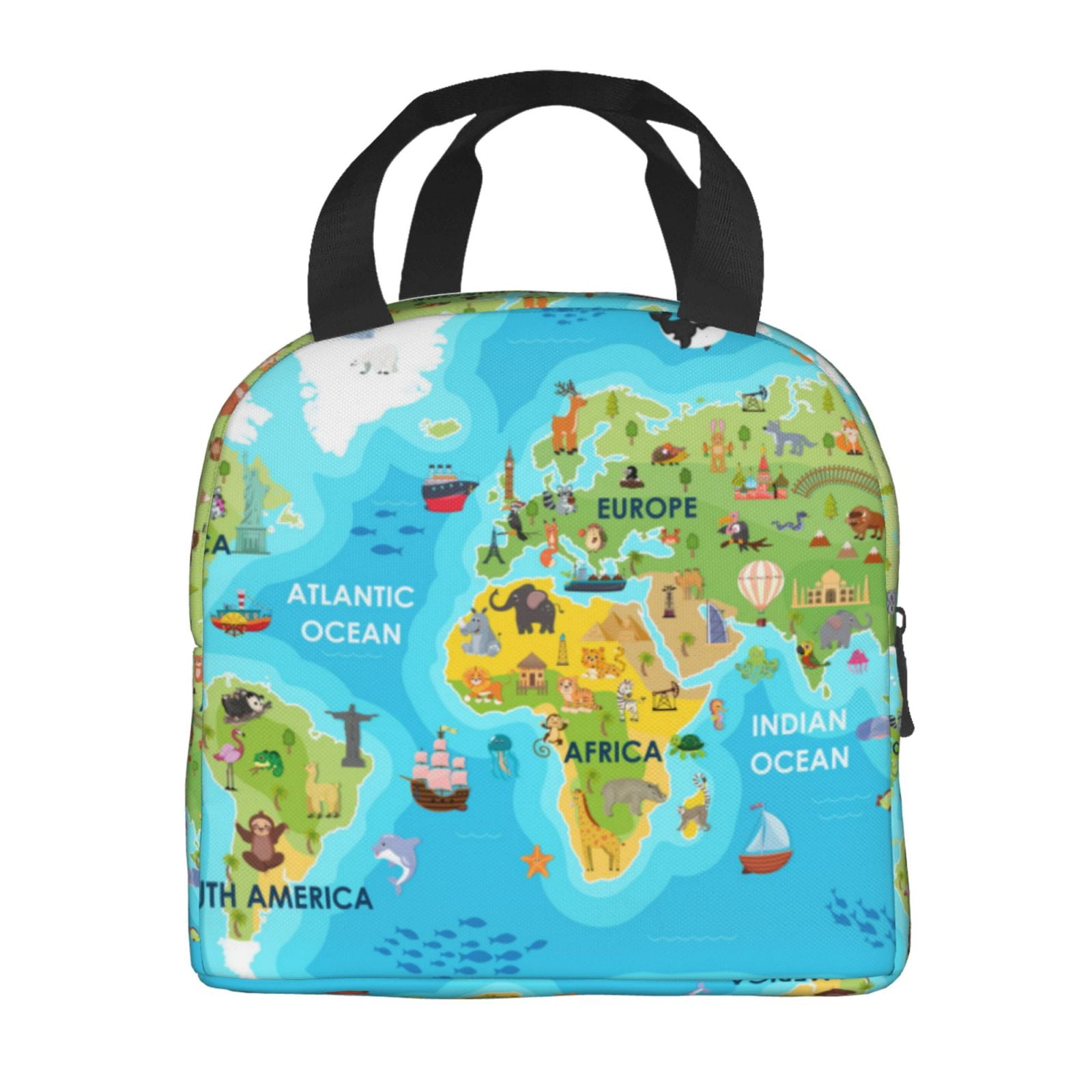 Japuie World Map With Animals Landmarks Print Insulated Lunch Bag Tote ...