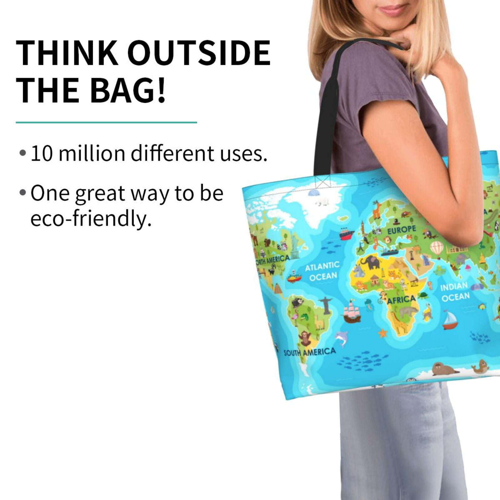 Japuie World Map With Animals Landmarks Print Shoulder Bag,Top Handle ...