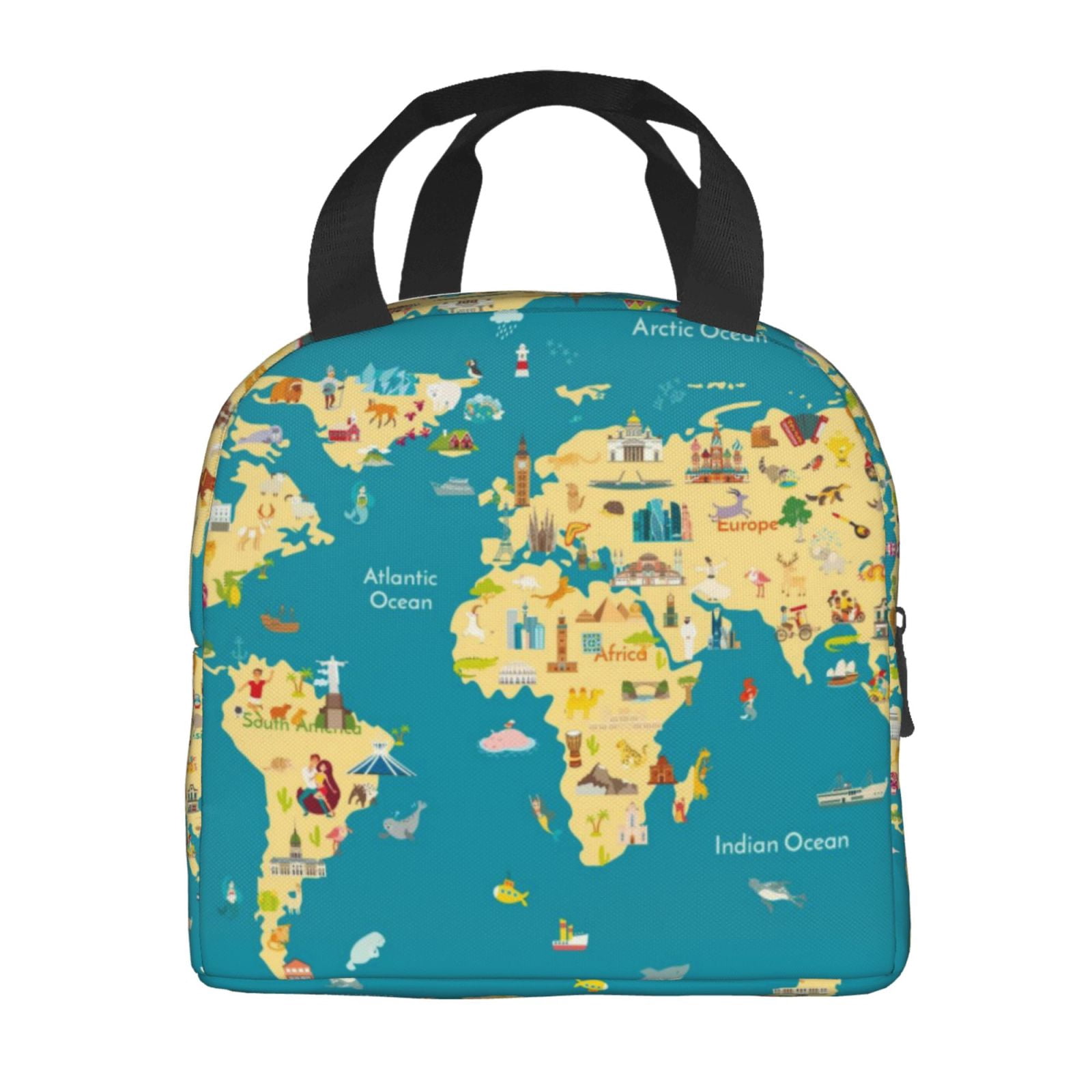 Japuie World Map With Landmarks Print Insulated Lunch Bag Tote with ...