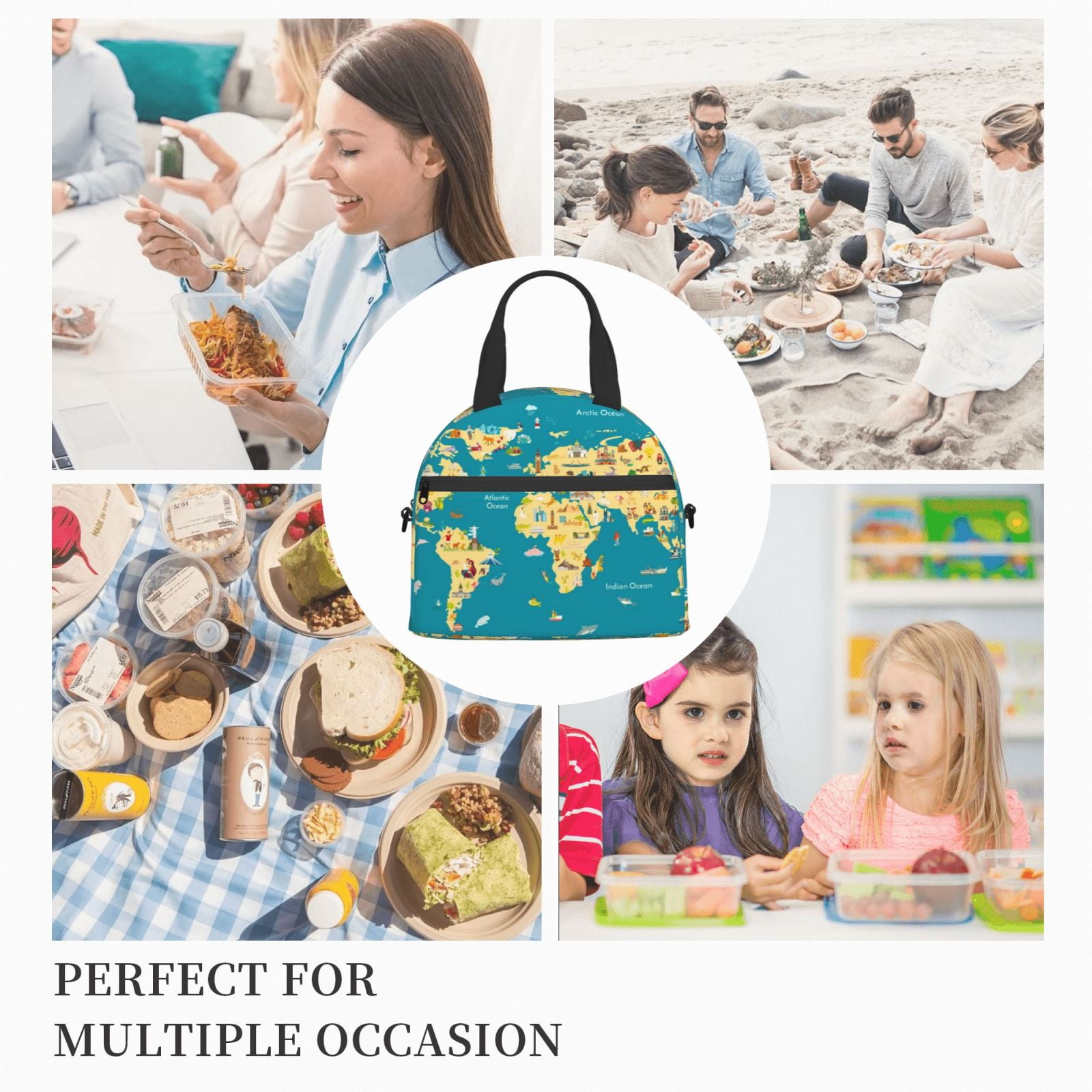 Japuie World Map With Landmarks Print Insulated Lunch Bag for Women Men ...