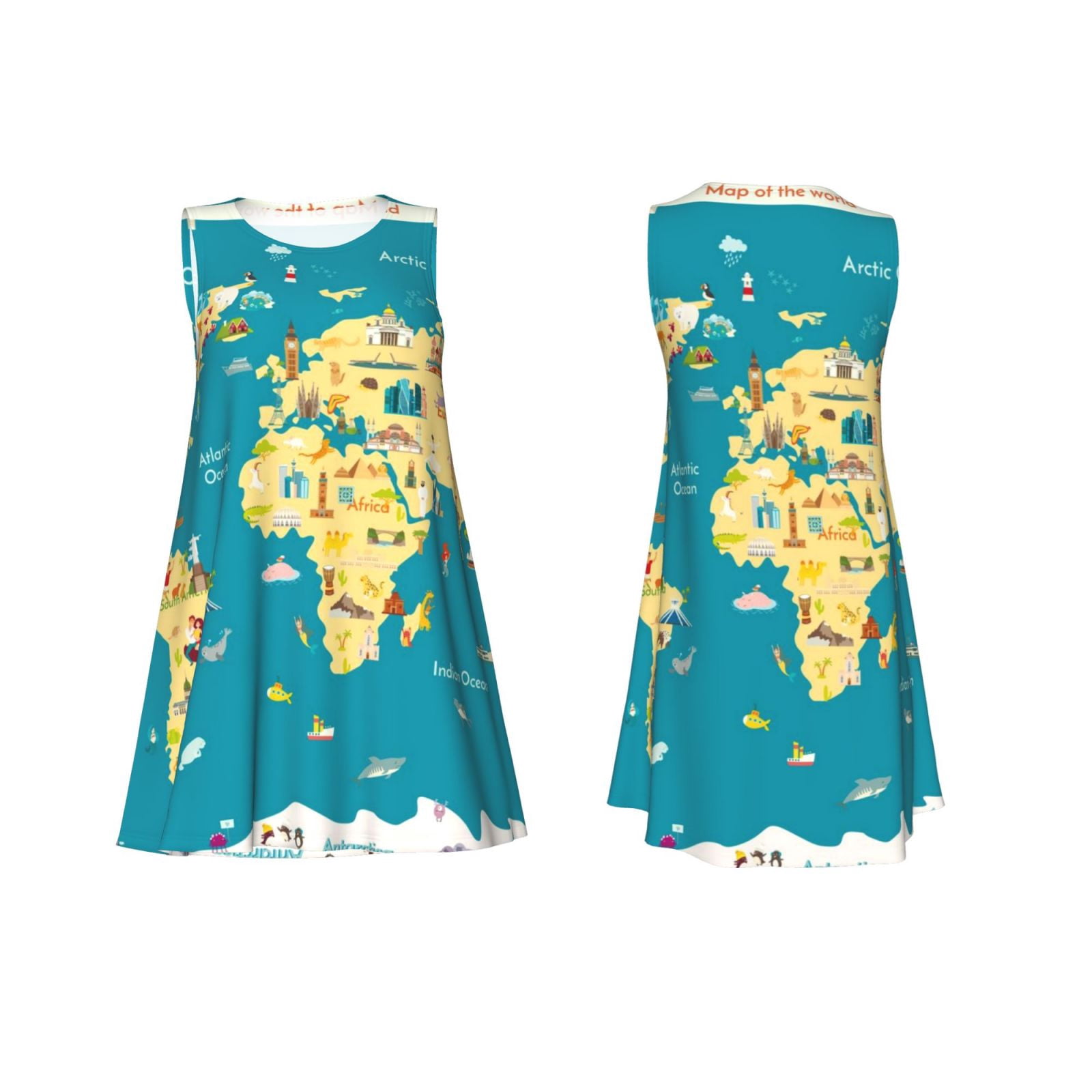 Japuie World Map With Landmarks Print Summer Dresses for Women,Women's ...