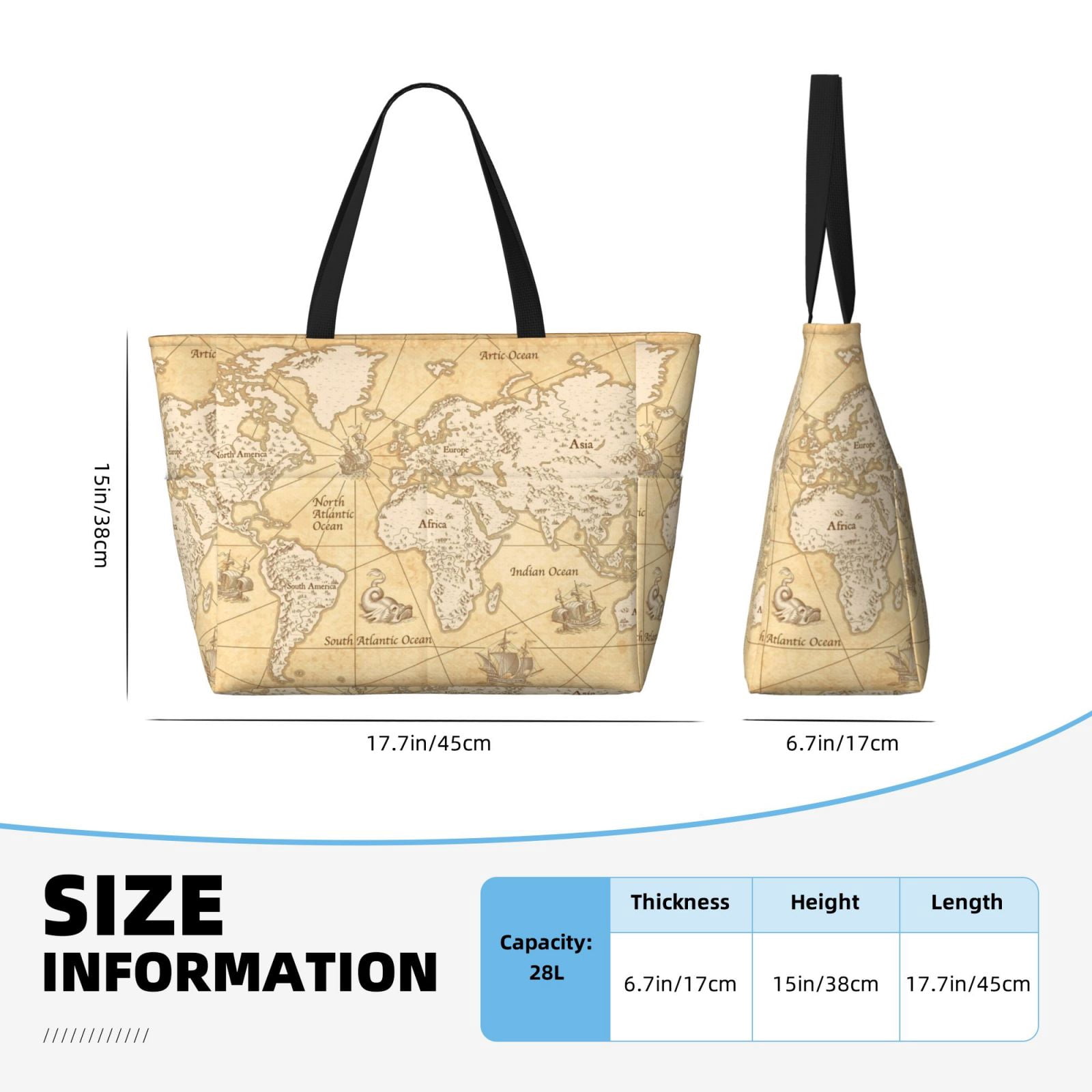 Japuie World Map Print Large Capacity Beach Travel Bag,Waterproof Beach ...