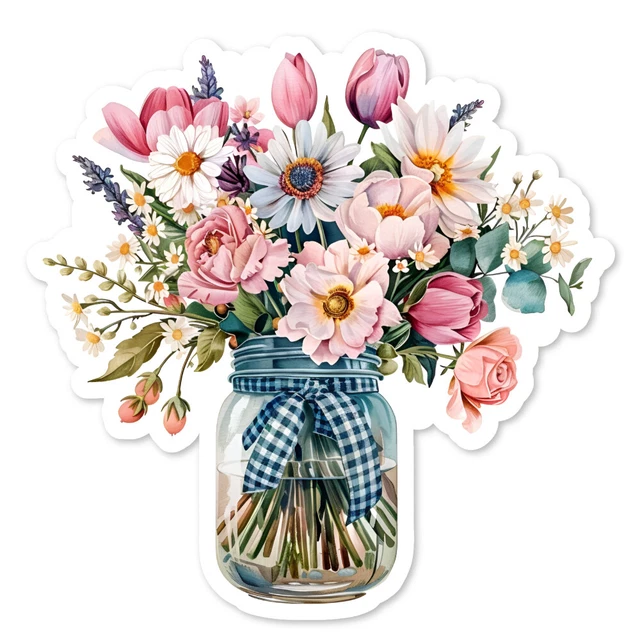 Jar Of Flowers Sticker, Water Resistant, Scrapbooking, Laptop,Phone ...