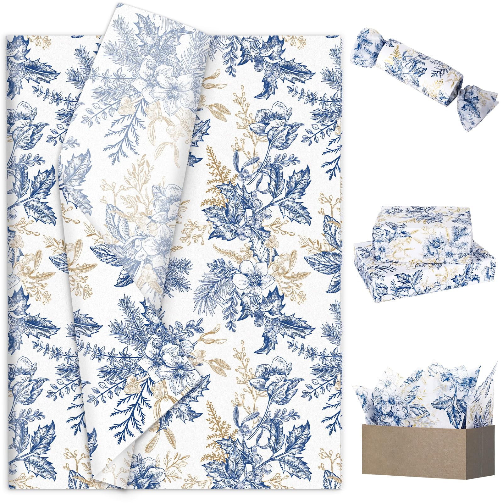 JarThenaAMCS 100 Sheet PresNok Floral Tissue Paper Blue Gold Flower ...