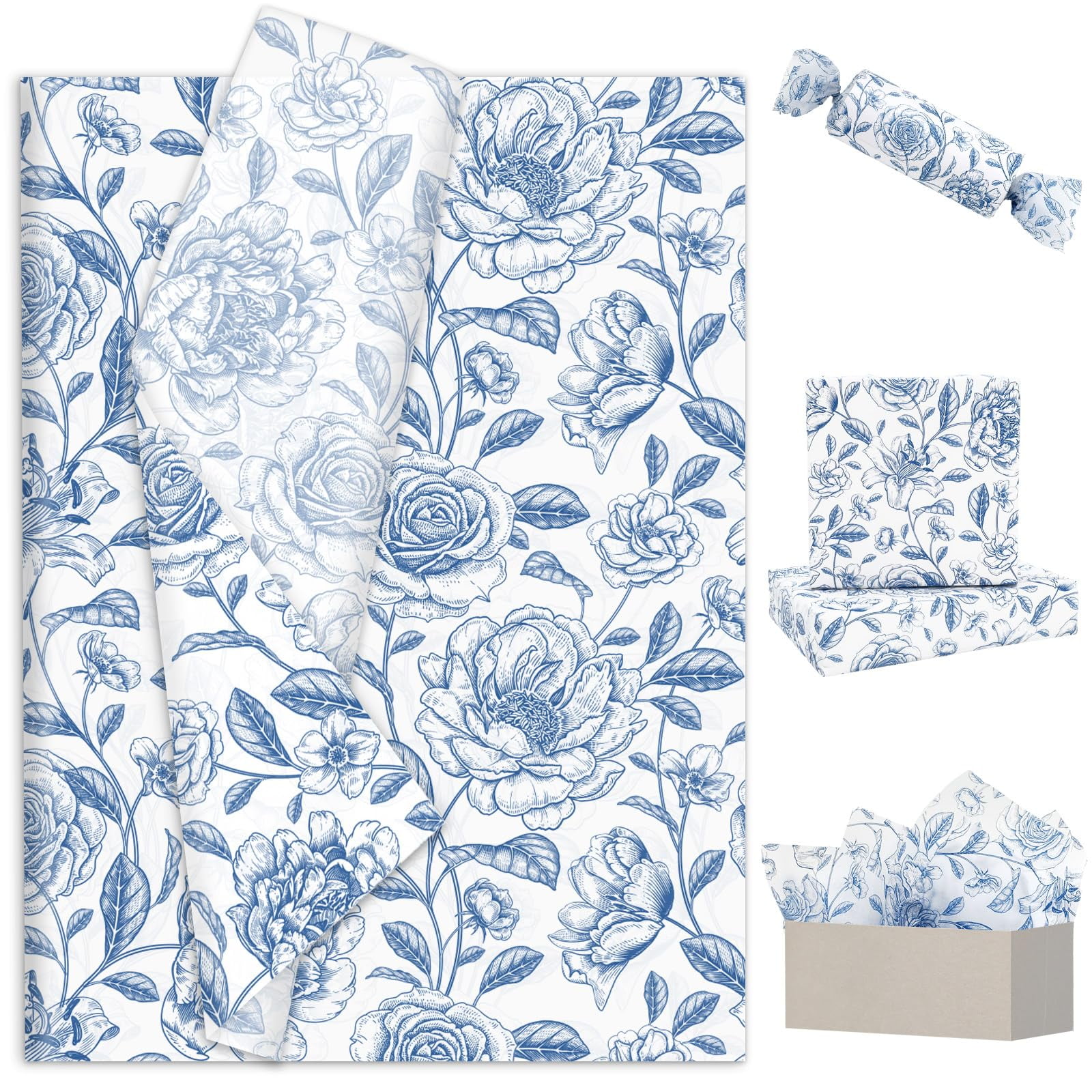 JarThenaAMCS 100 Sheets Blue White Floral Tissue Paper Chinoiserie ...