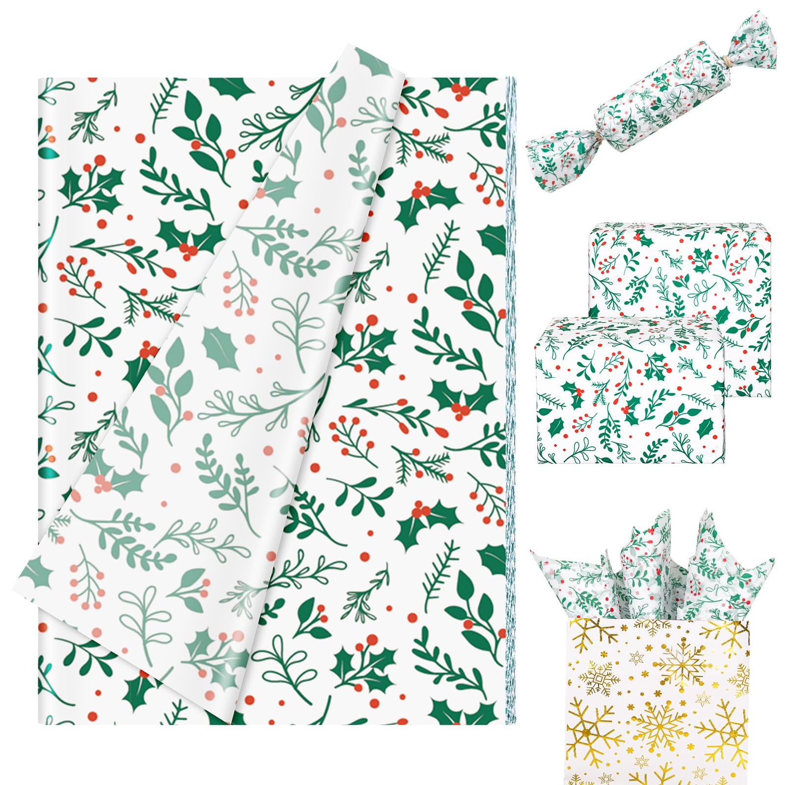 JarThenaAMCS 100 Sheets Christmas STF9 Tissue Paper 20 x 14 Inch Xmas Red Green Holly Berry ...