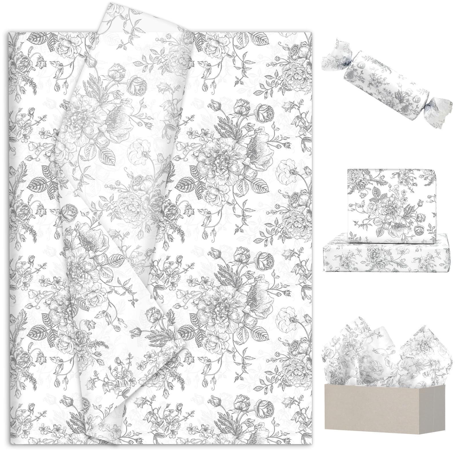 JarThenaAMCS 100 Sheets Floral Tissue Paper AIS1 Silver Flower Gift ...