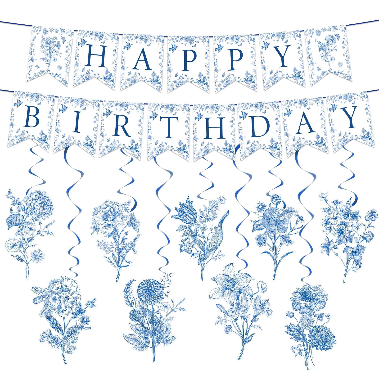 JarThenaAMCS 11Pcs Blue CORNET Flower Birthday Banner Chinoiserie Happy ...