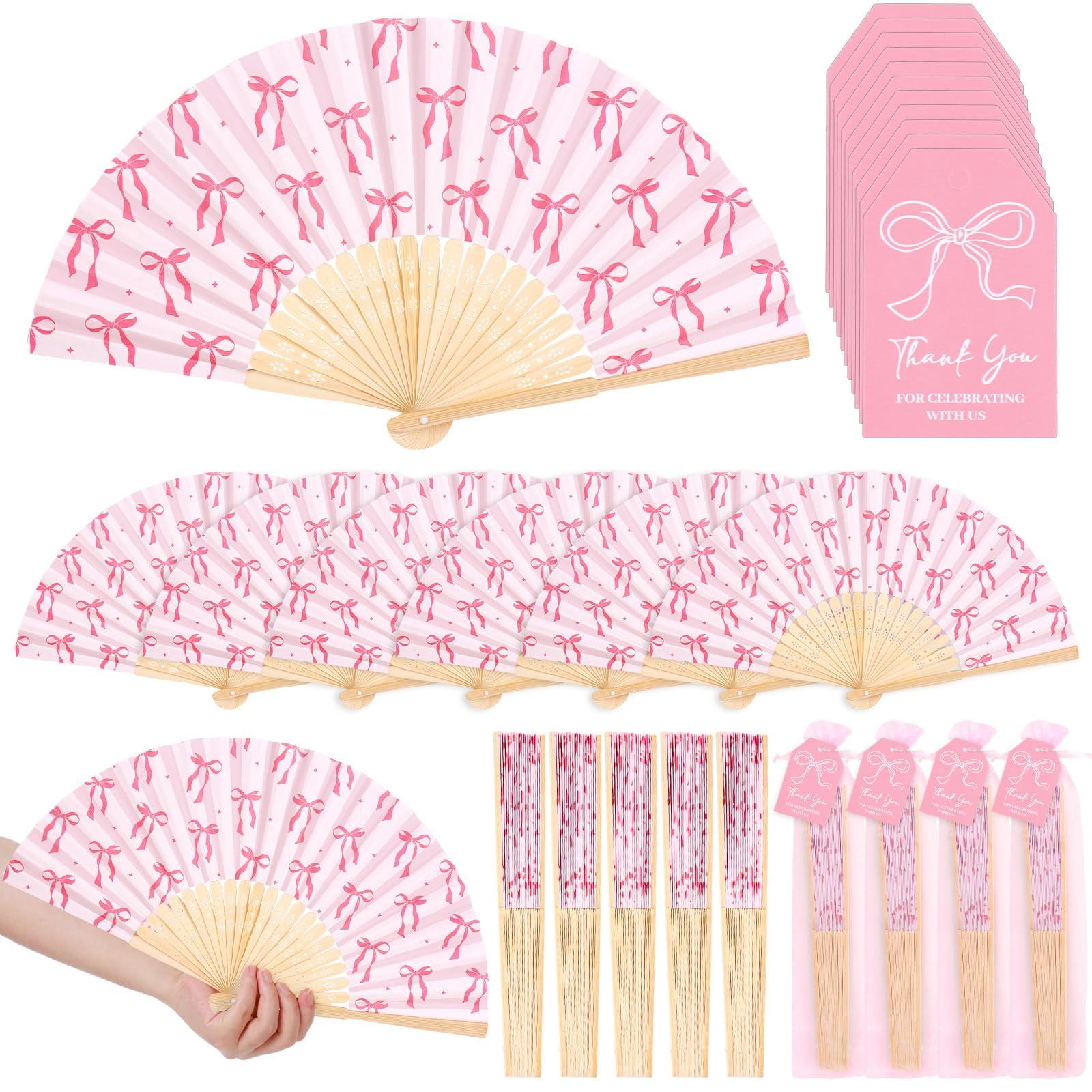 JarThenaAMCS 24 Set Pink Bow Folding Hand Fan with Thank You Tags ...