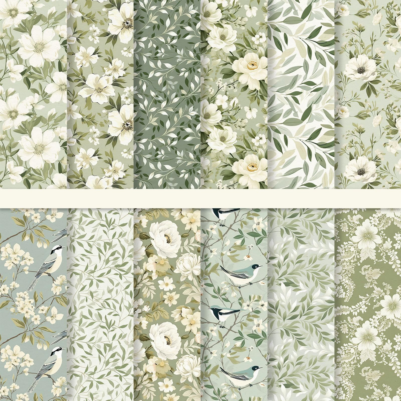 JarThenaAMCS 24 Sheets Sage KEF16 Green Pattern Paper Greenery Floral ...