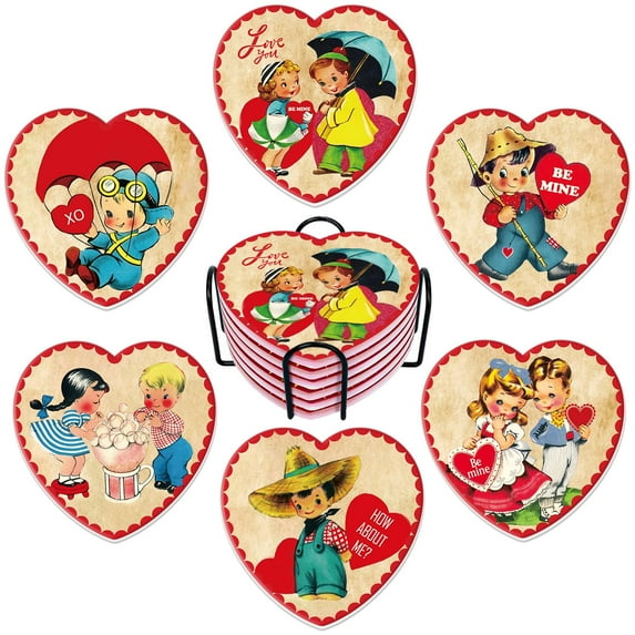 JarThenaAMCS 6Pcs Valentine's Day Ceramic Coasters with Metal Holder ...
