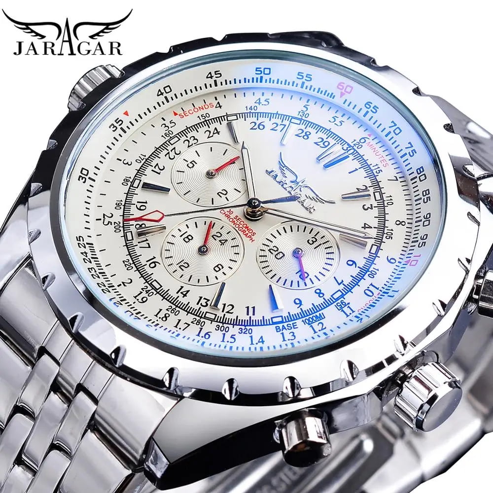 Jaragar Blue Glass Design Black Silver Automatic Watch Stainless Steel ...