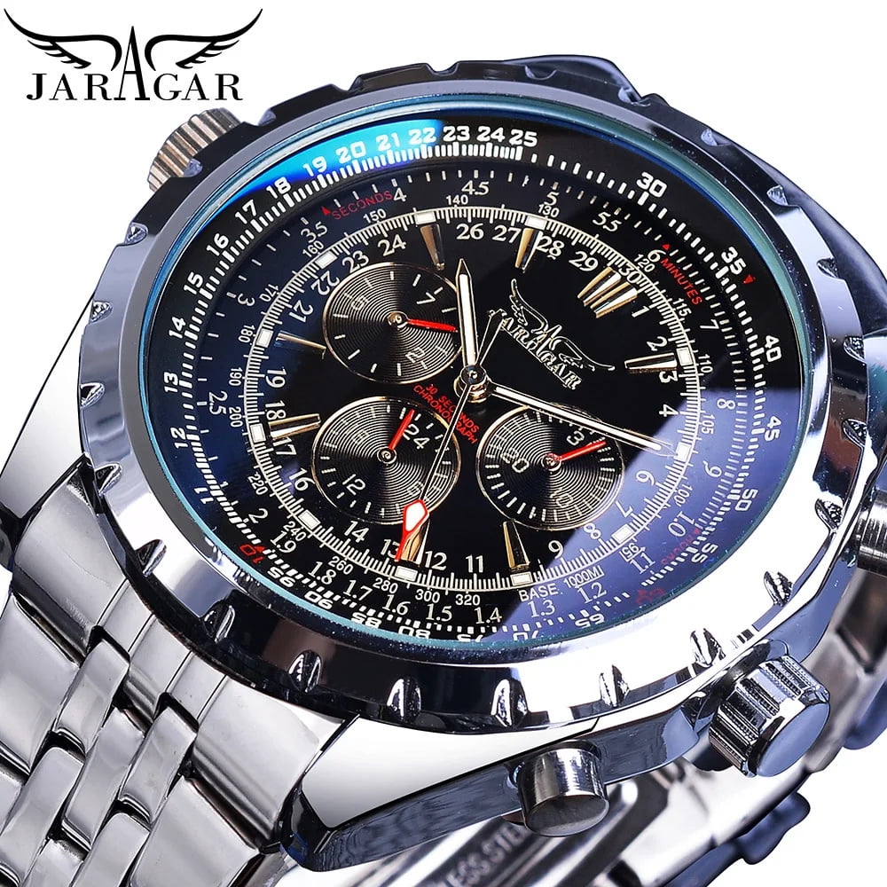 JARAGAR Blue Glass Design Black Silver Automatic Watch Stainless Steel Date Clock Luminous Men ...