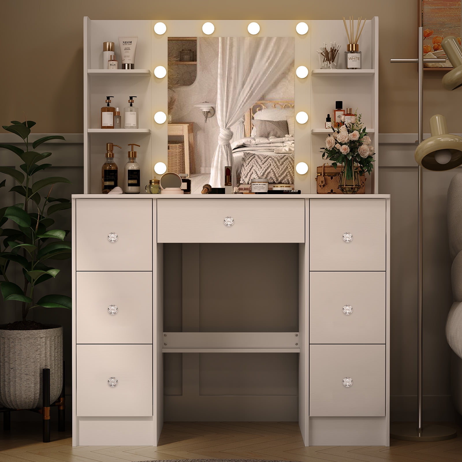 Jarbalai Makeup Vanity Desk with LED Lights, 10-Bulb Dressing Table ...