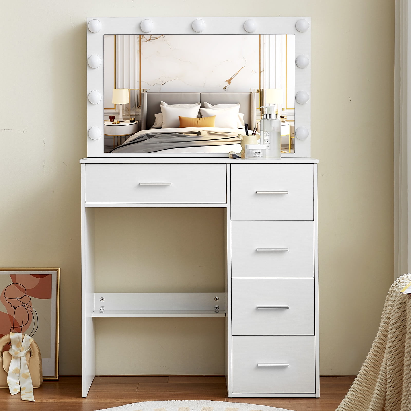 Jarbalai Vanity Desk with Lighted Mirror, Modern Makeup Vanity Set with ...