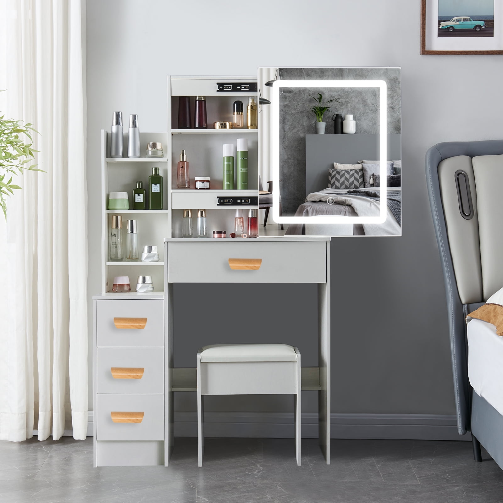 Homieasy 48'' Makeup Vanity with Hutch, White Bedroom Vanity with ...