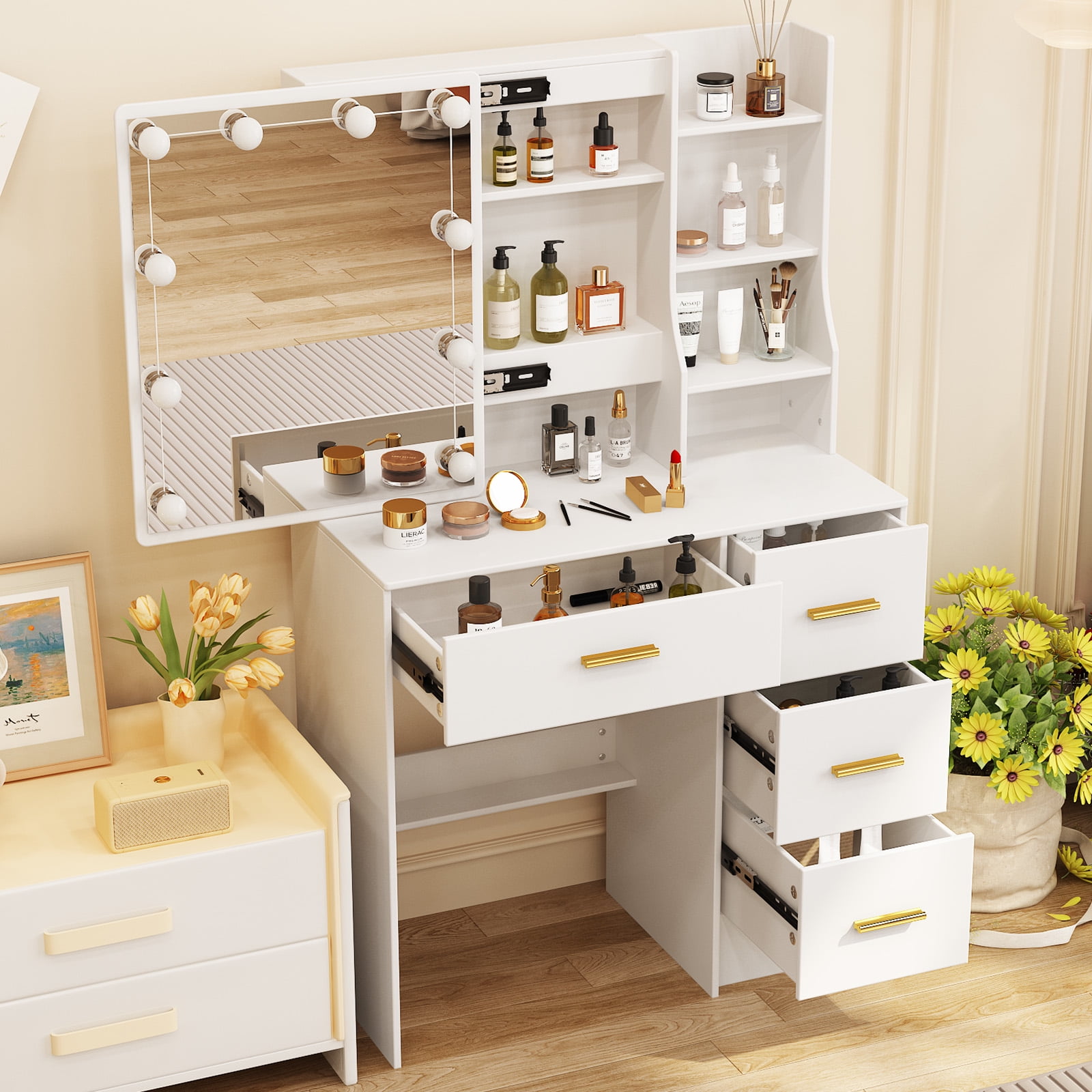 Jarbalai White Vanity Dressing Table with LED Sliding Mirror, 4 Drawers ...