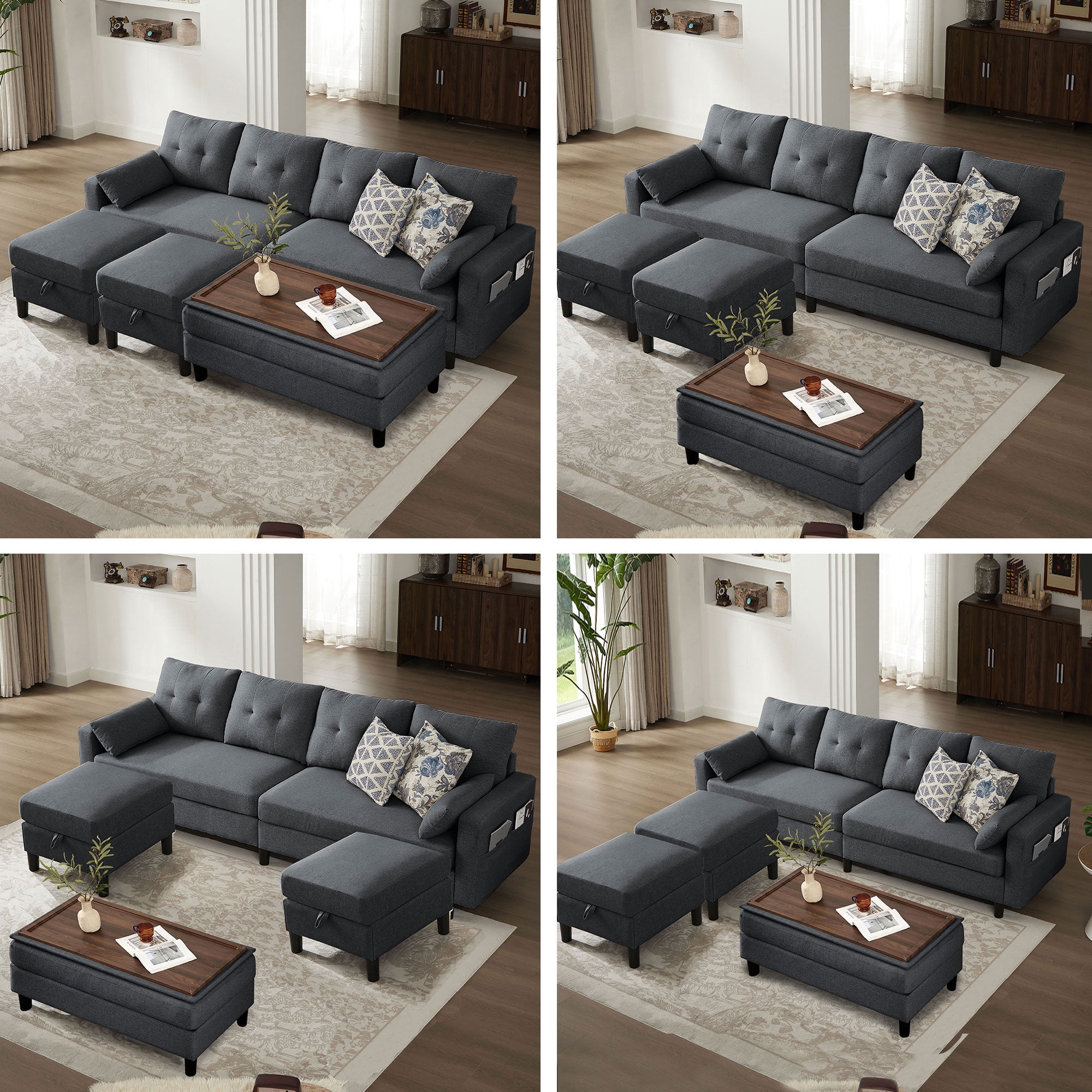 Jarenie Plush Convertible Sectional Sofa with Double Chaise & Ottoman ...