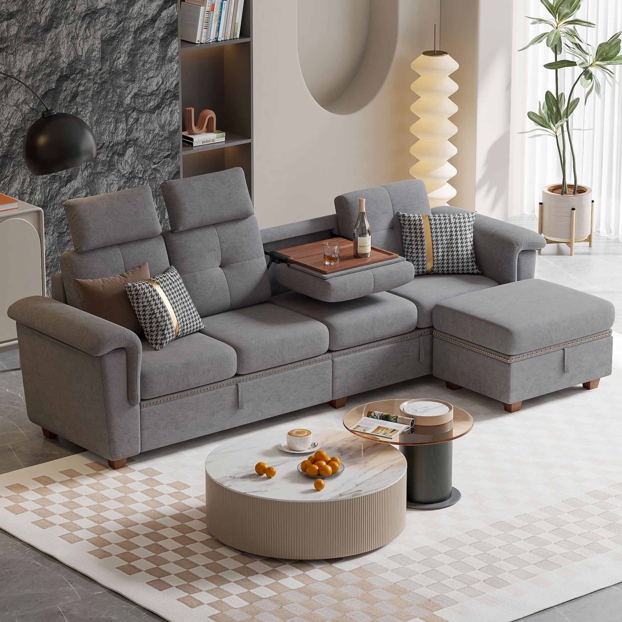 4-Seat L-Shaped Convertible Sectional Sofa with Storage, Cup Holder ...